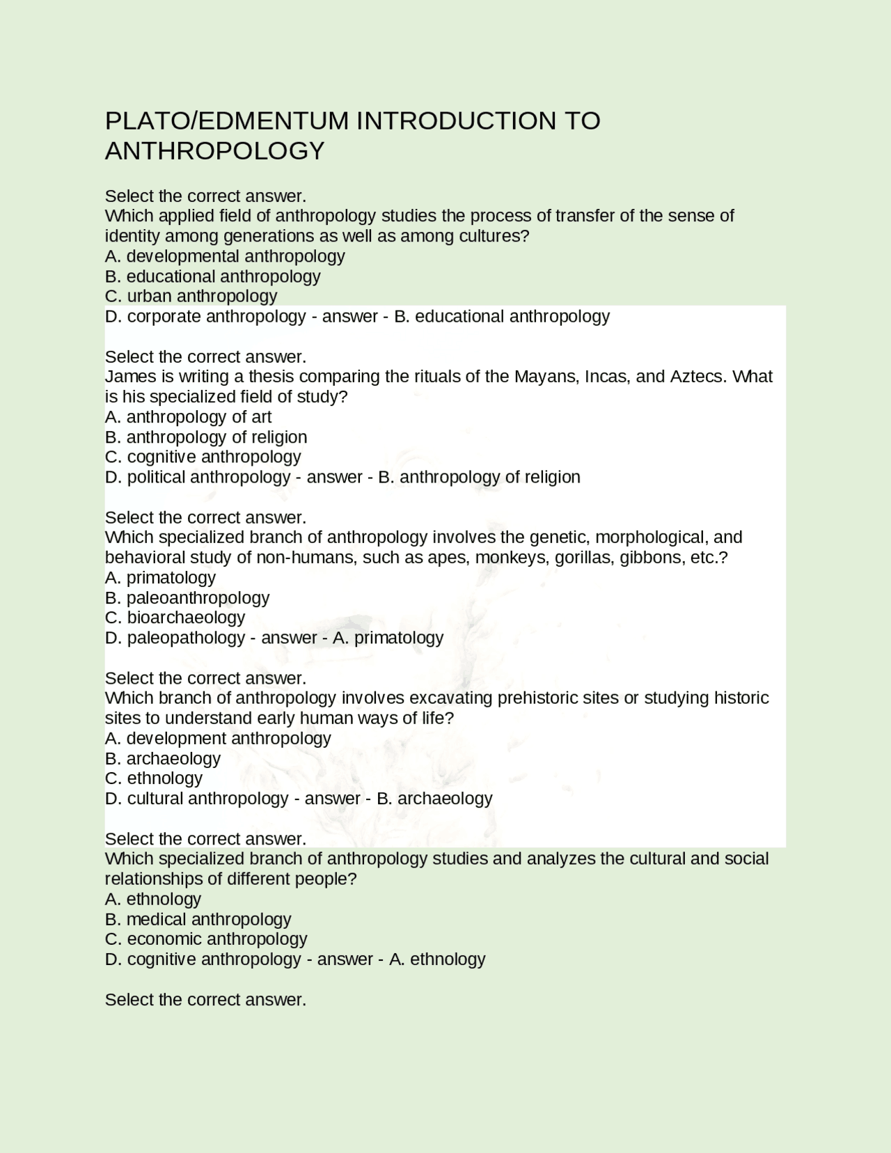 PLATO/EDMENTUM INTRODUCTION TO ANTHROPOLOGY | Exams Nursing | Docsity
