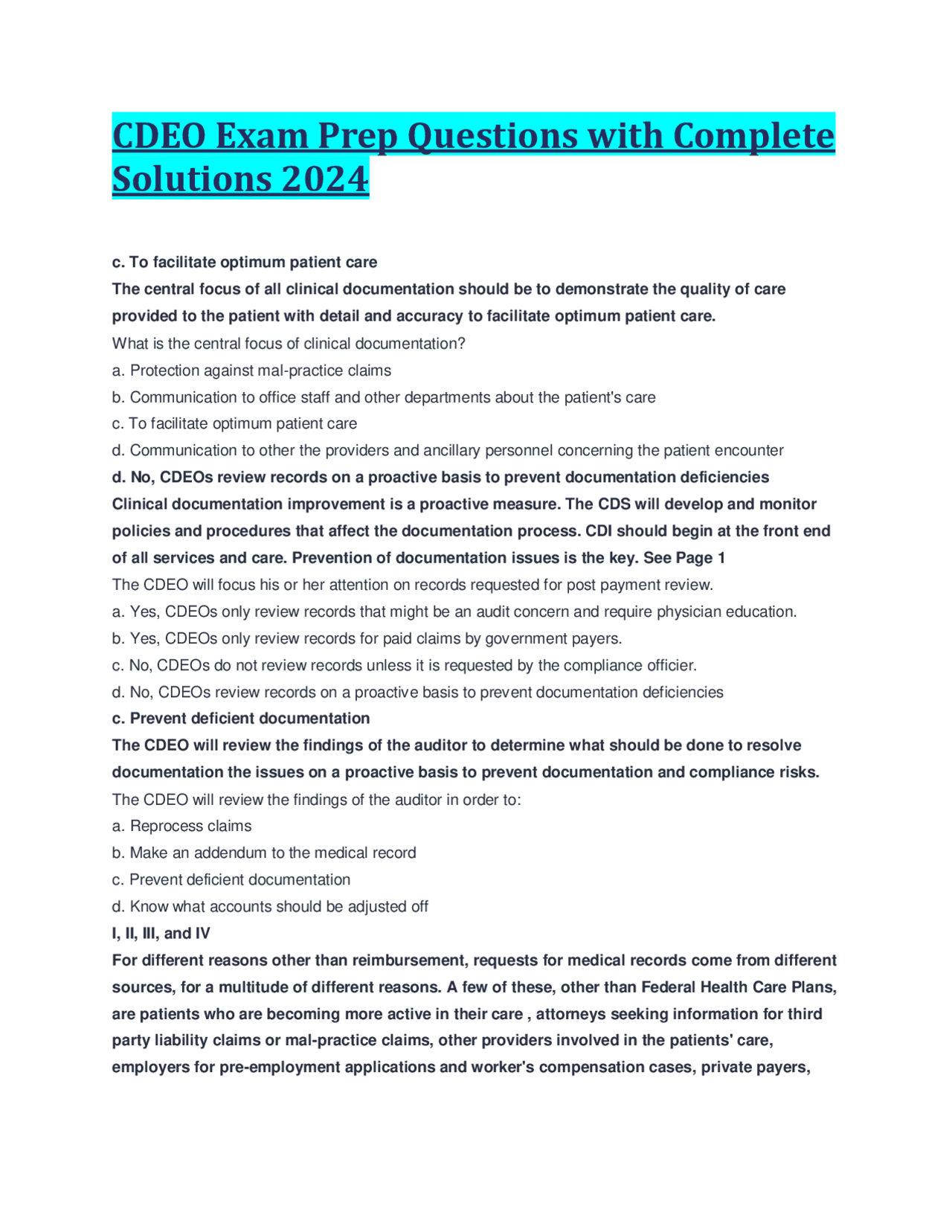 CDEO Exam Prep Questions with Complete Solutions 2024 | Exams Health ...