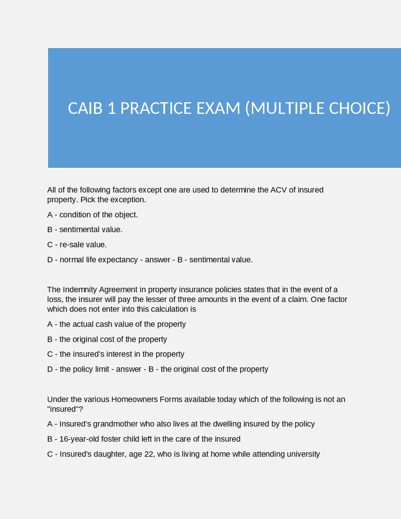 CAIB 1 PRACTICE EXAM (MULTIPLE CHOICE) | Exams Nursing | Docsity