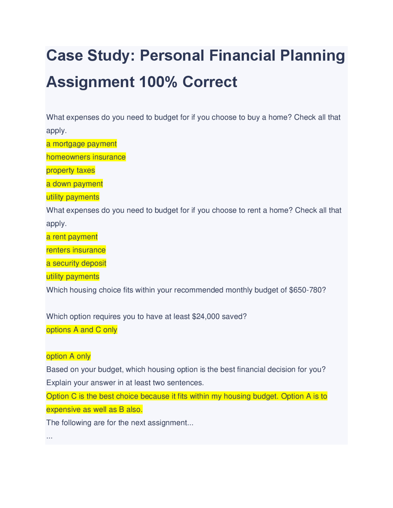 Case Study: Personal Financial Planning Assignment 100% Correct | Exams ...