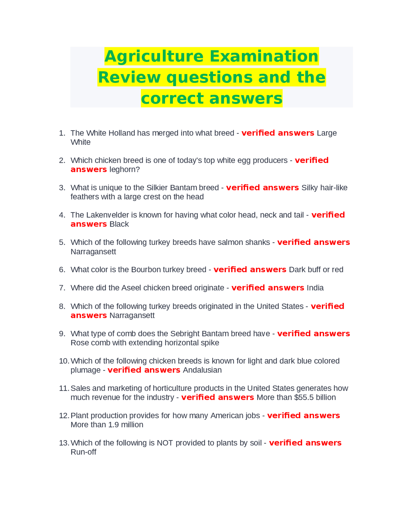 Agriculture Examination Review questions and the correct answers ...