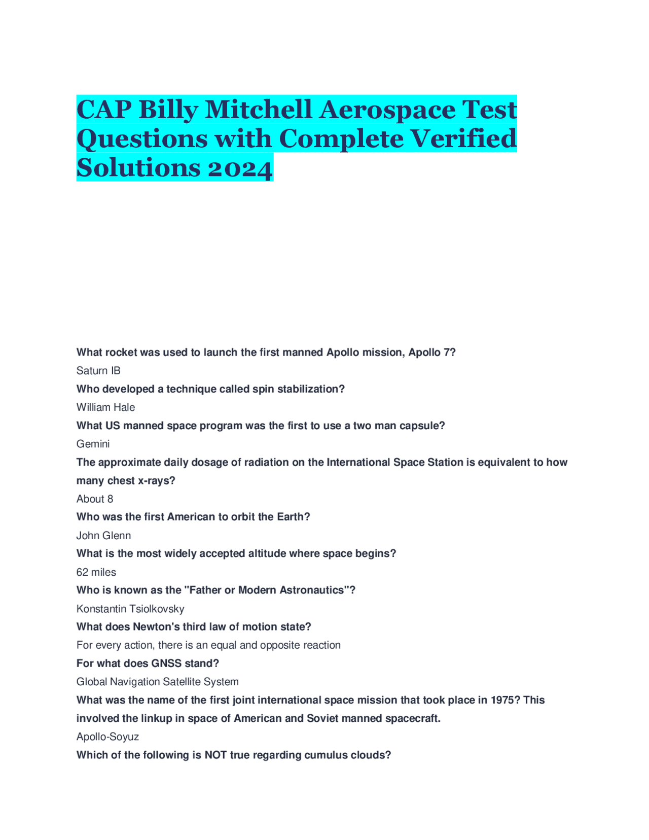 CAP Billy Mitchell Aerospace Test Questions with Complete Verified ...