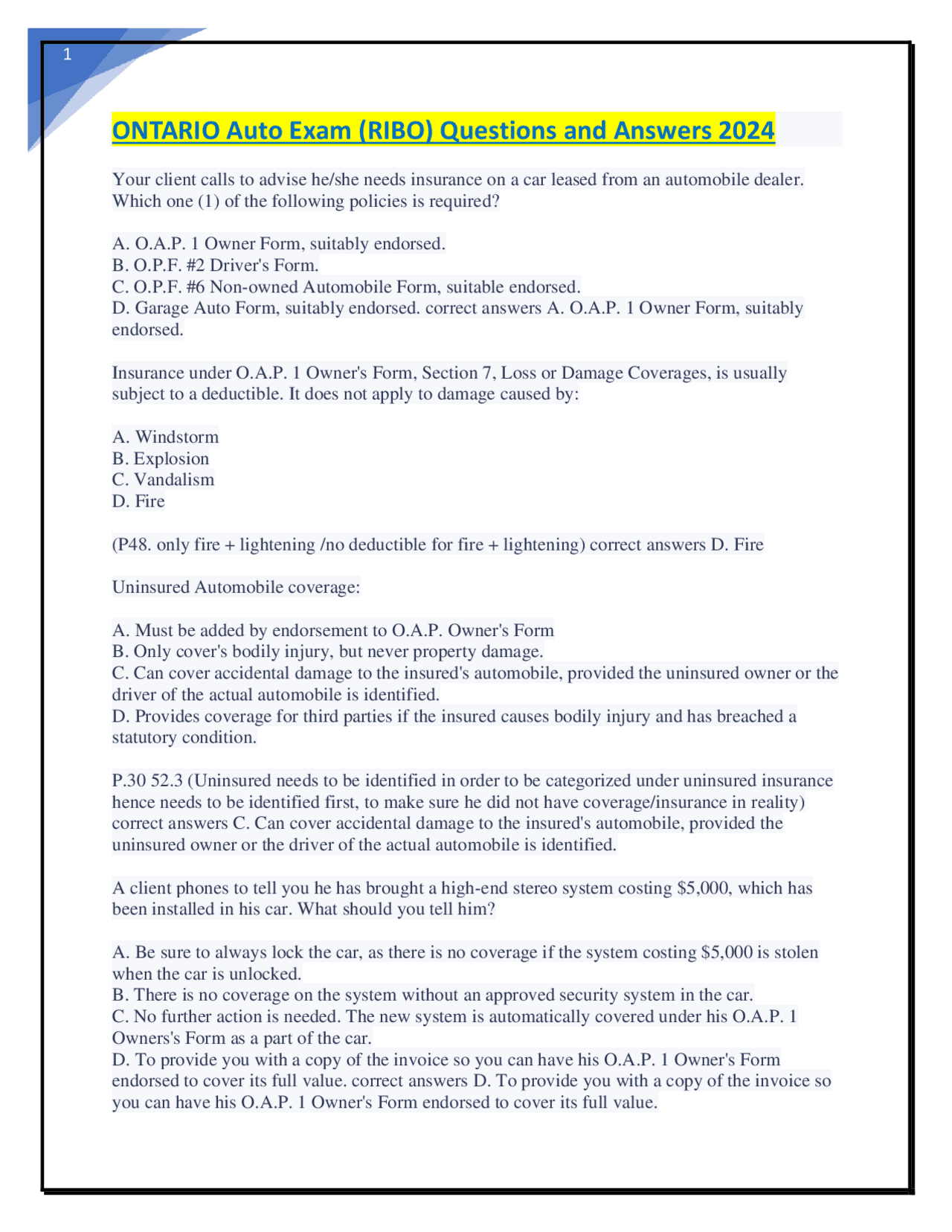 ONTARIO Auto Exam (RIBO) Questions and Answers 2024 | Exams Nursing ...