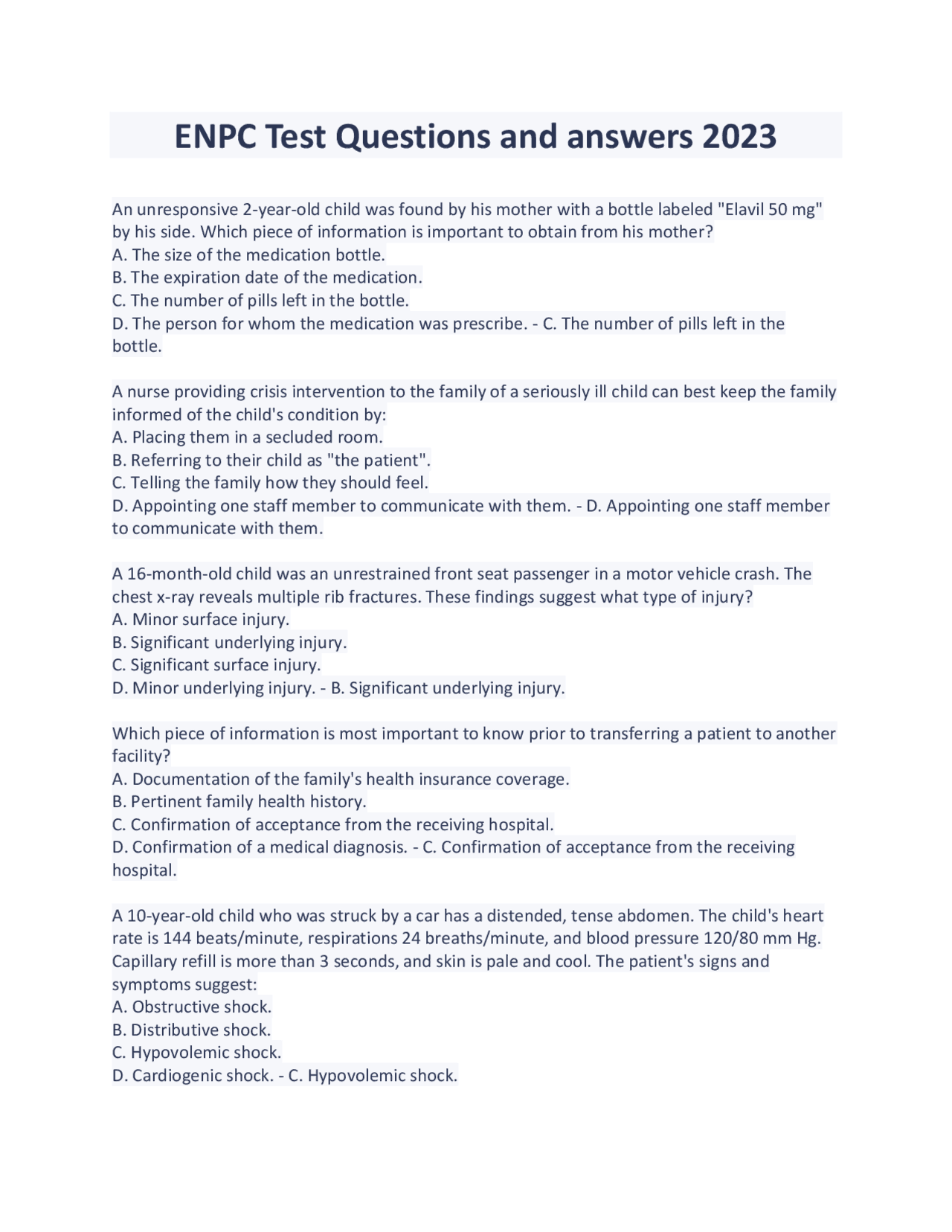 ENPC Test Questions and answers 2024 | Exams Nursing | Docsity