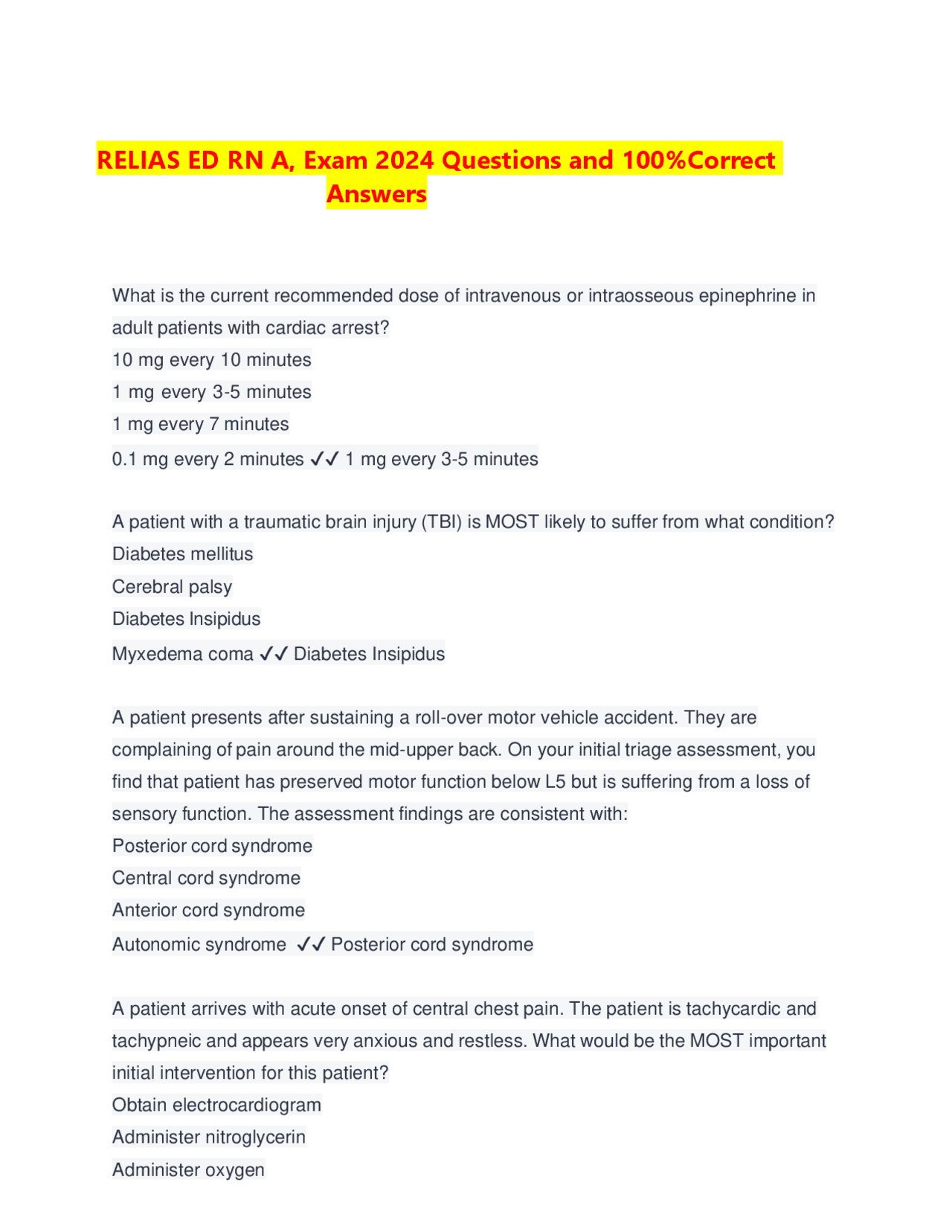 RELIAS ED RN A, Exam 2024 Questions and 100% Correct Answers | Exams ...