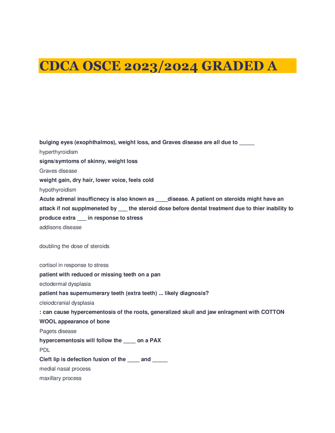 CDCA OSCE 2023/2024 GRADED A | Study Guides, Projects, Research Nursing | Docsity