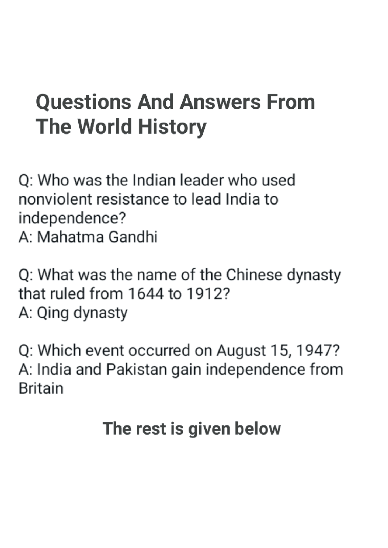 Questions And Answers From The World History | Exercises History | Docsity