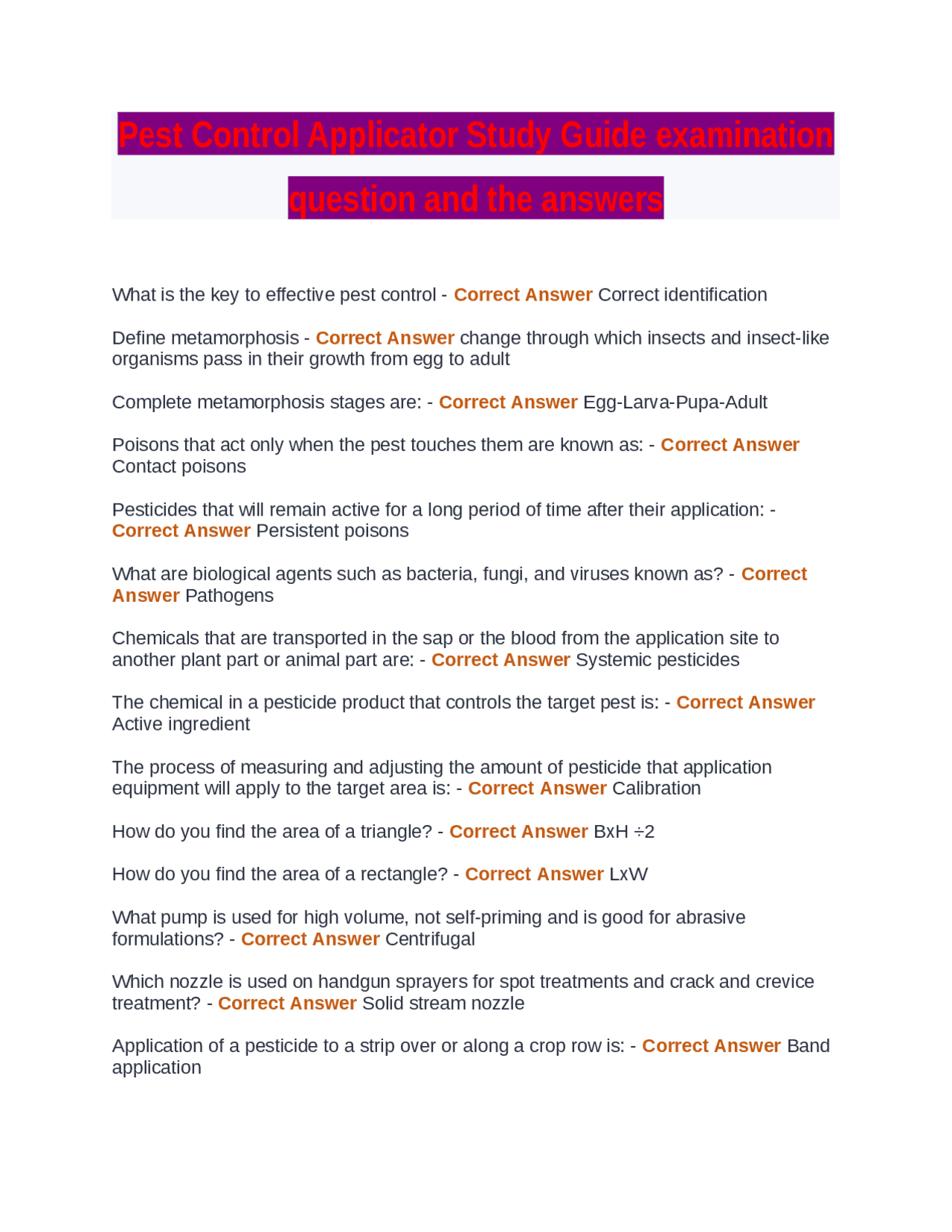 Pest Control Applicator Study Guide examination question and the ...