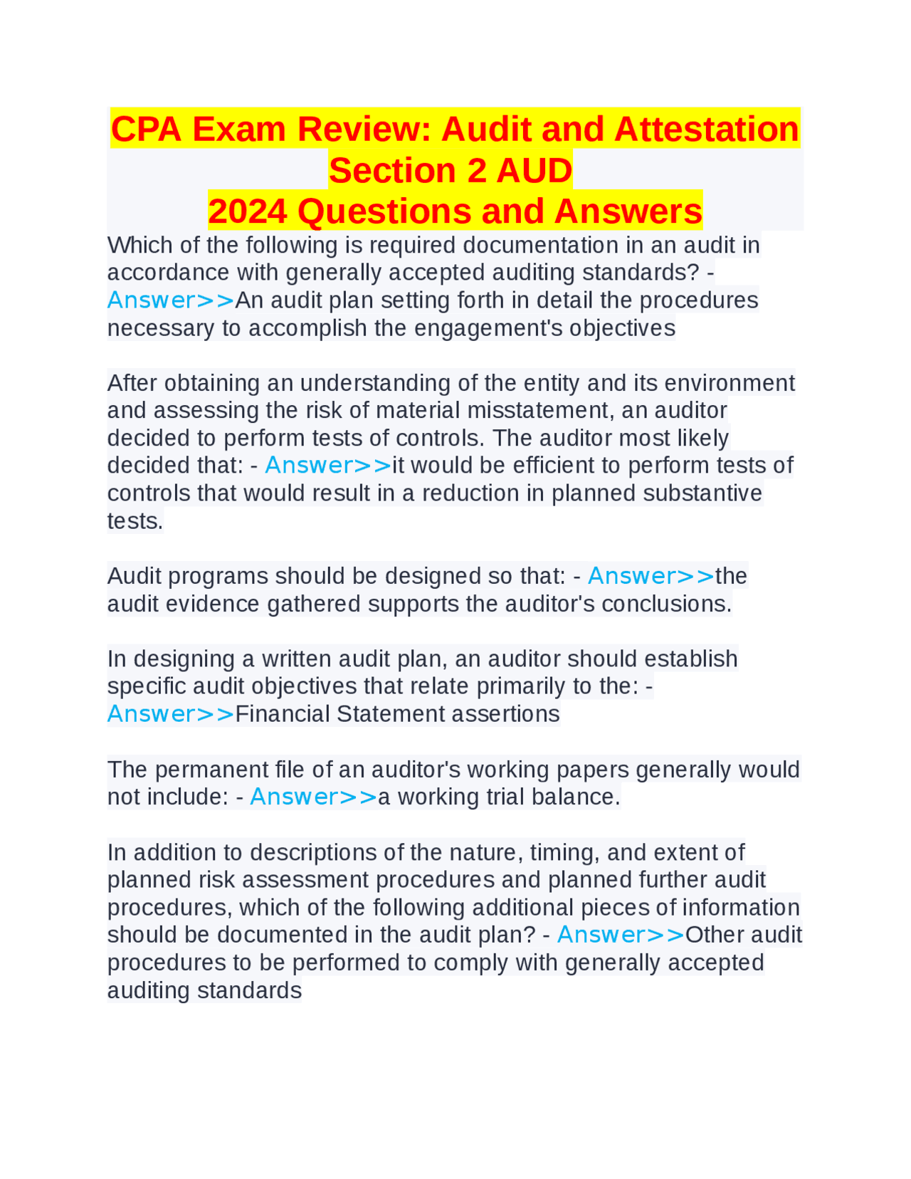 CPA Exam Review: Audit and Attestation Section 2 AUD 2024 Questions and ...