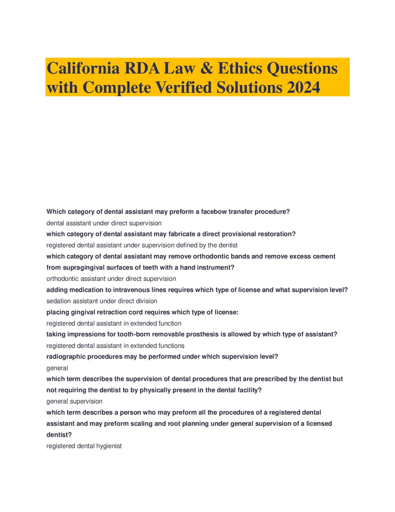 California RDA Law & Ethics Questions with Complete Verified Solutions ...