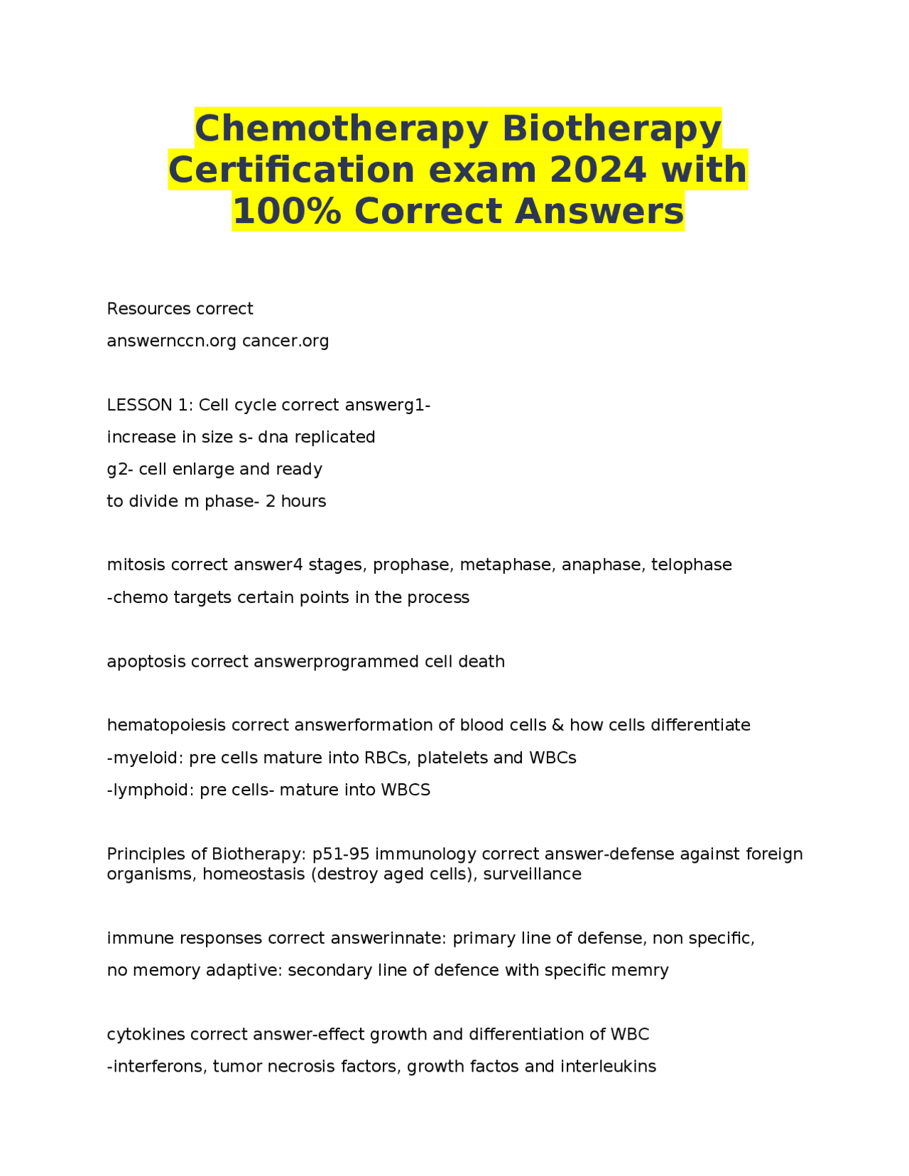 Chemotherapy Biotherapy Certification exam 2024 with 100% Correct ...