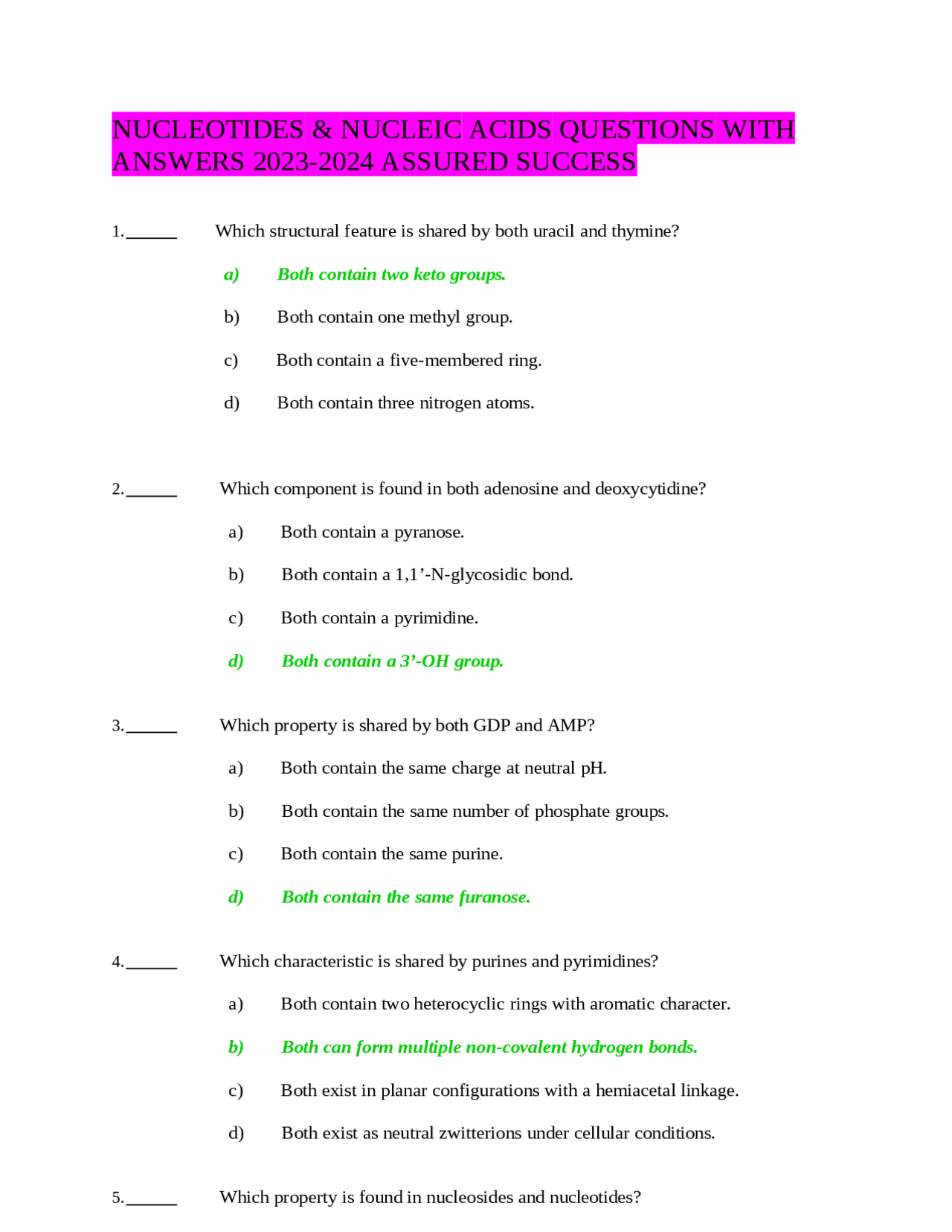 NUCLEOTIDES & NUCLEIC ACIDS QUESTIONS WITH ANSWERS 2023-2024 ASSURED ...