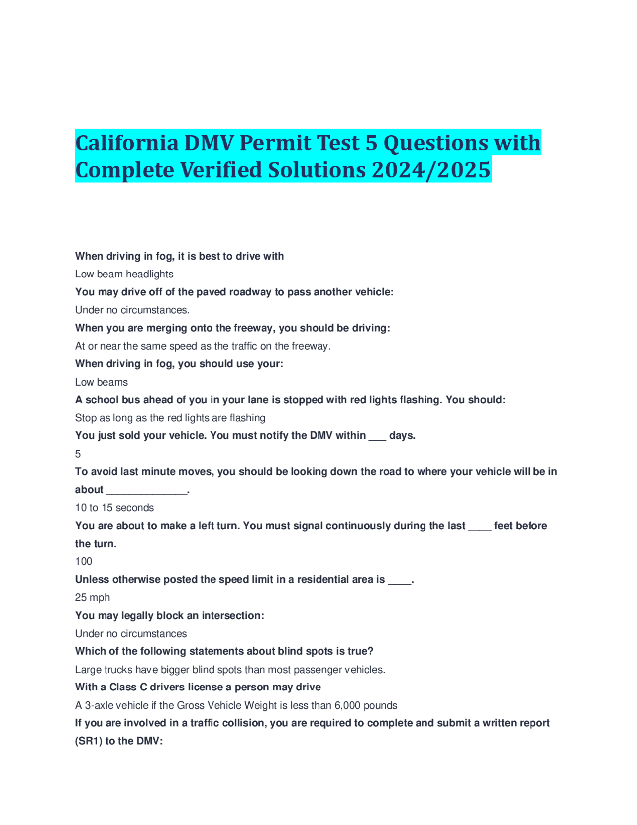 California DMV Permit Test 5 Questions with Complete Verified Solutions ...