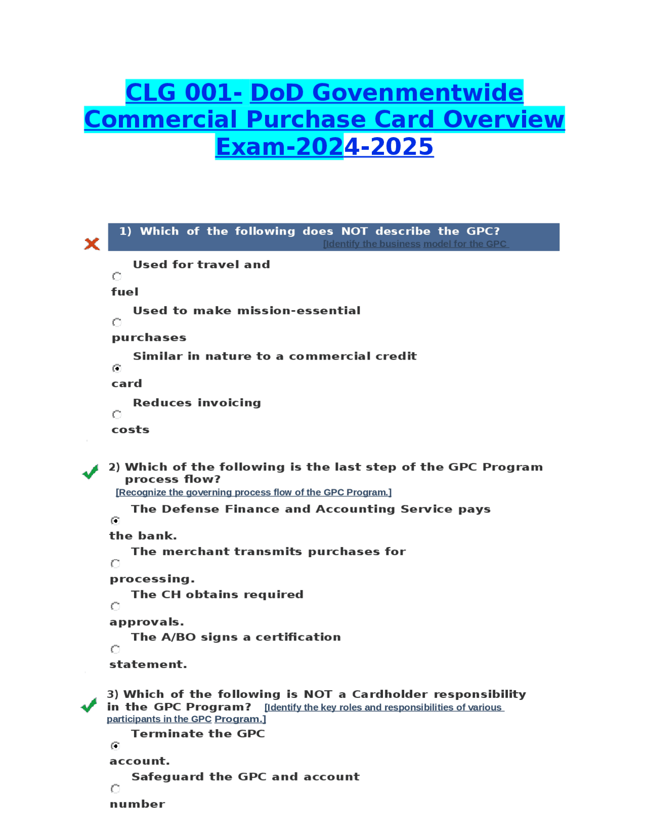 CLG 001- DoD Govenmentwide Commercial Purchase Card Overview Exam-2024 ...