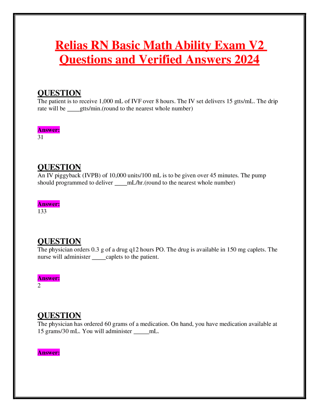 Relias RN Basic Math Ability Exam V2 Questions and Verified Answers ...