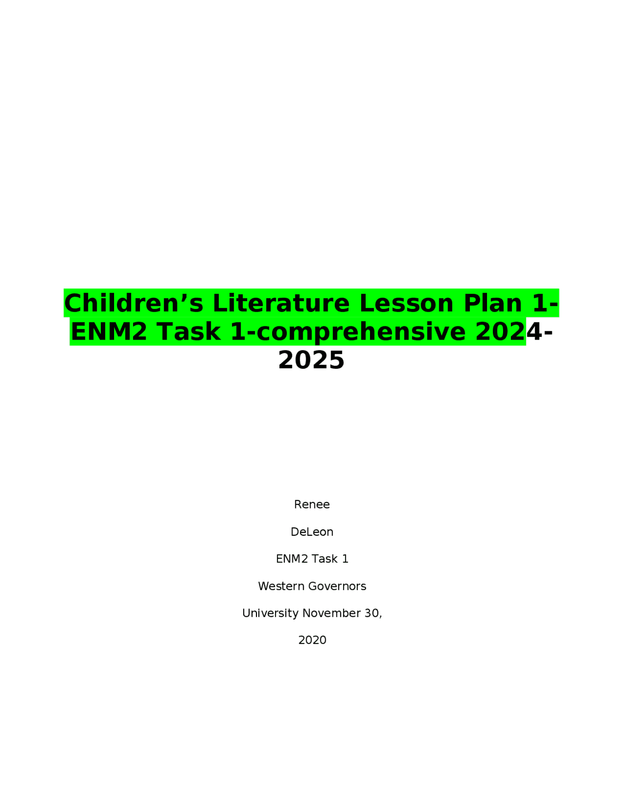 Children’s Literature Lesson Plan 1- ENM2 Task 1-comprehensive 2024-2025.docx | Exams English ...