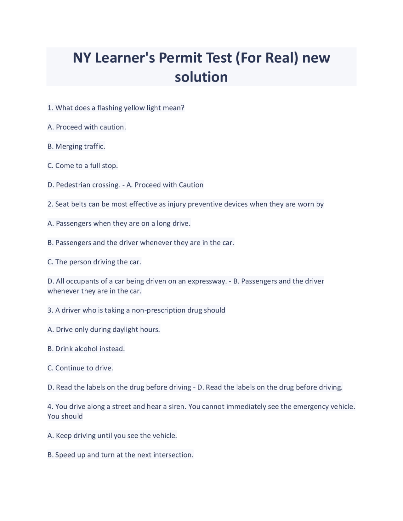 NY Learner's Permit Test (For Real) new solution | Exams Nursing | Docsity