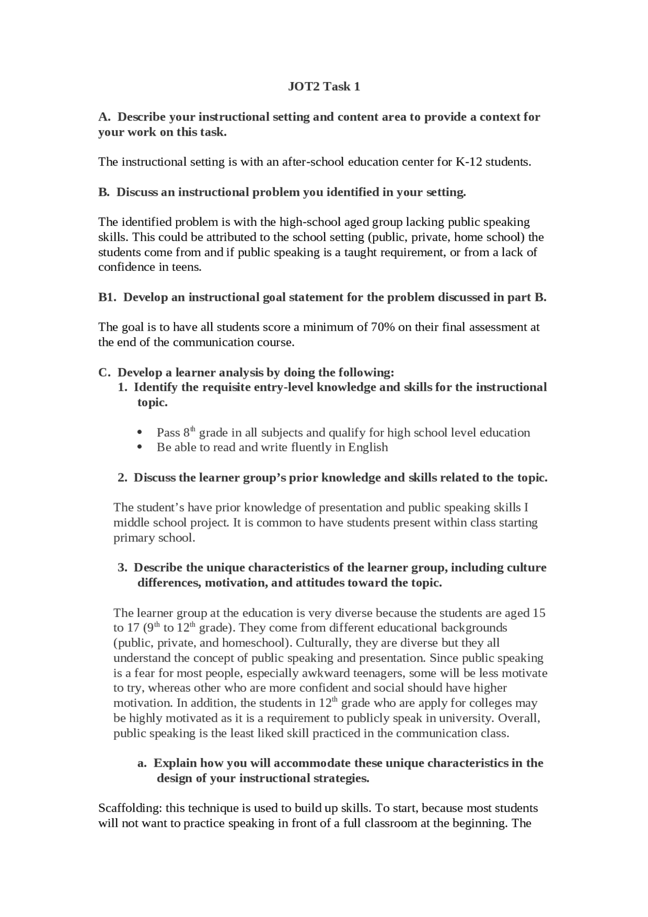 JOT2 Task 1A. Describe your instructional setting and conten | Lecture ...