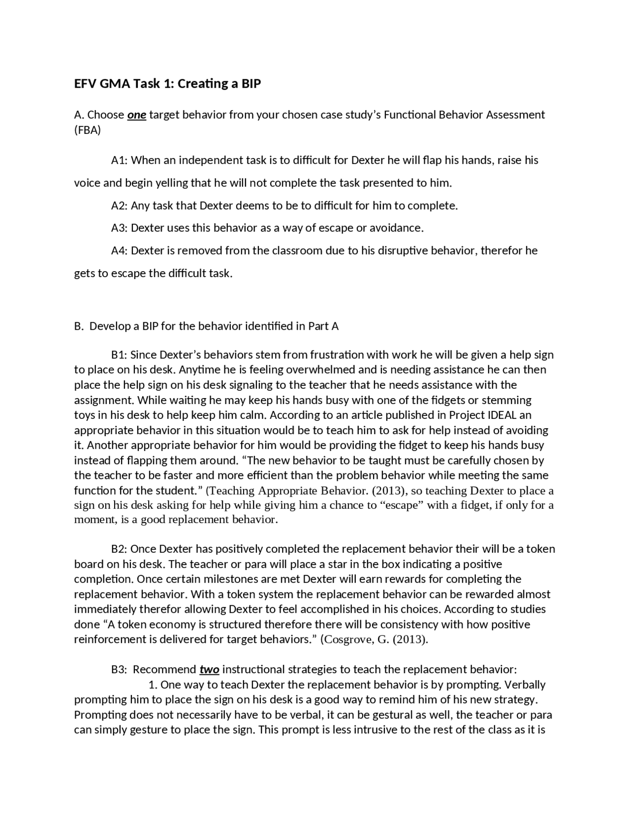 EFV GMA Task 1: Creating a BIPA. Choose one target behavior | Lecture ...