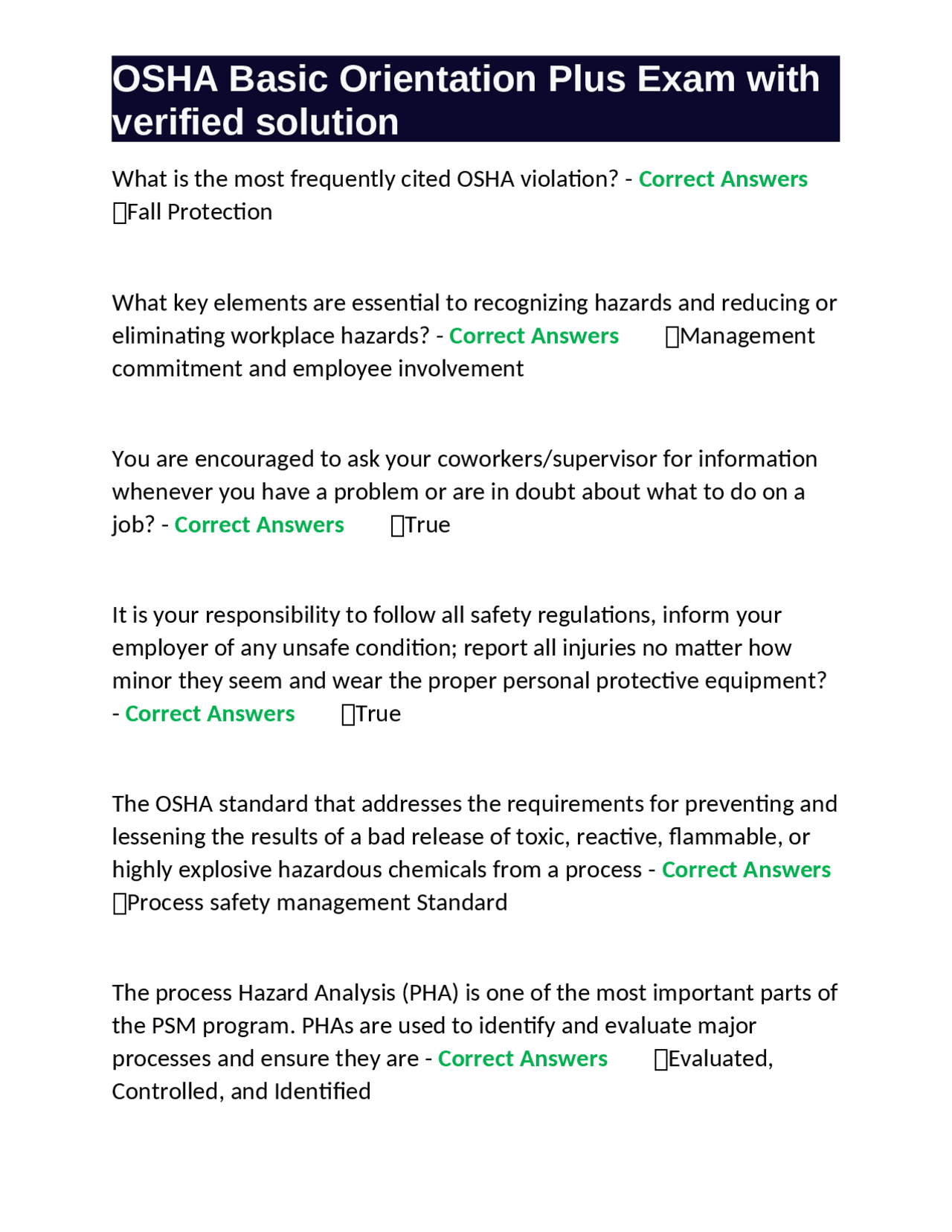 OSHA Basic Orientation Plus Exam with verified solution | Exams Nursing ...