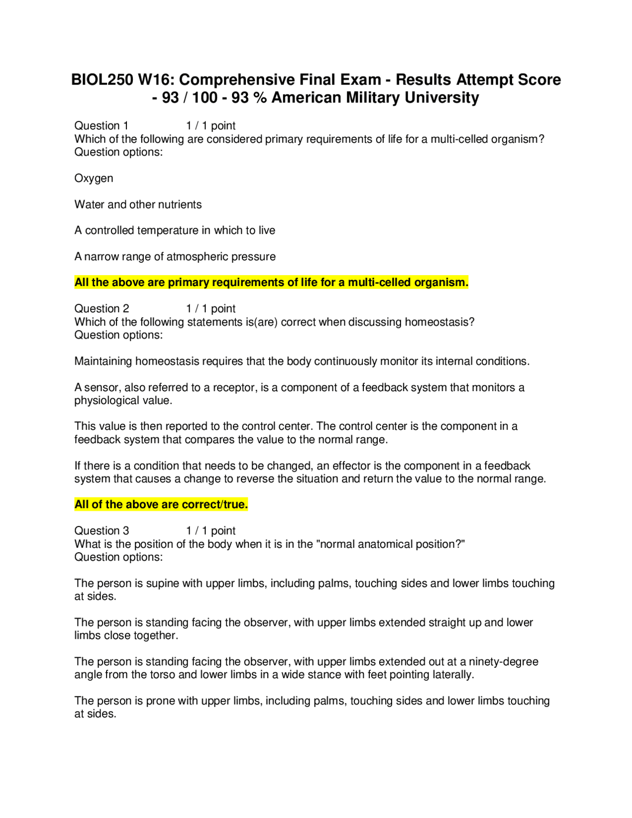 BIOL 250 W16 Comprehensive Final Exam - Results Attempt Score - 93 100 ...