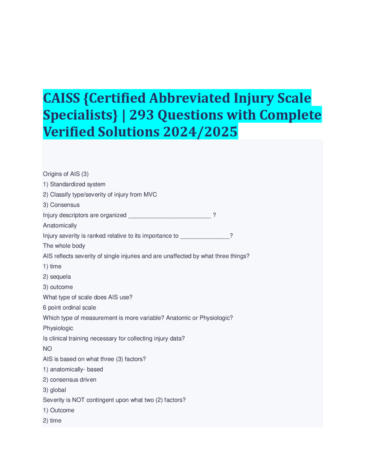 CAISS {Certified Abbreviated Injury Scale Specialists} | 293 Questions ...