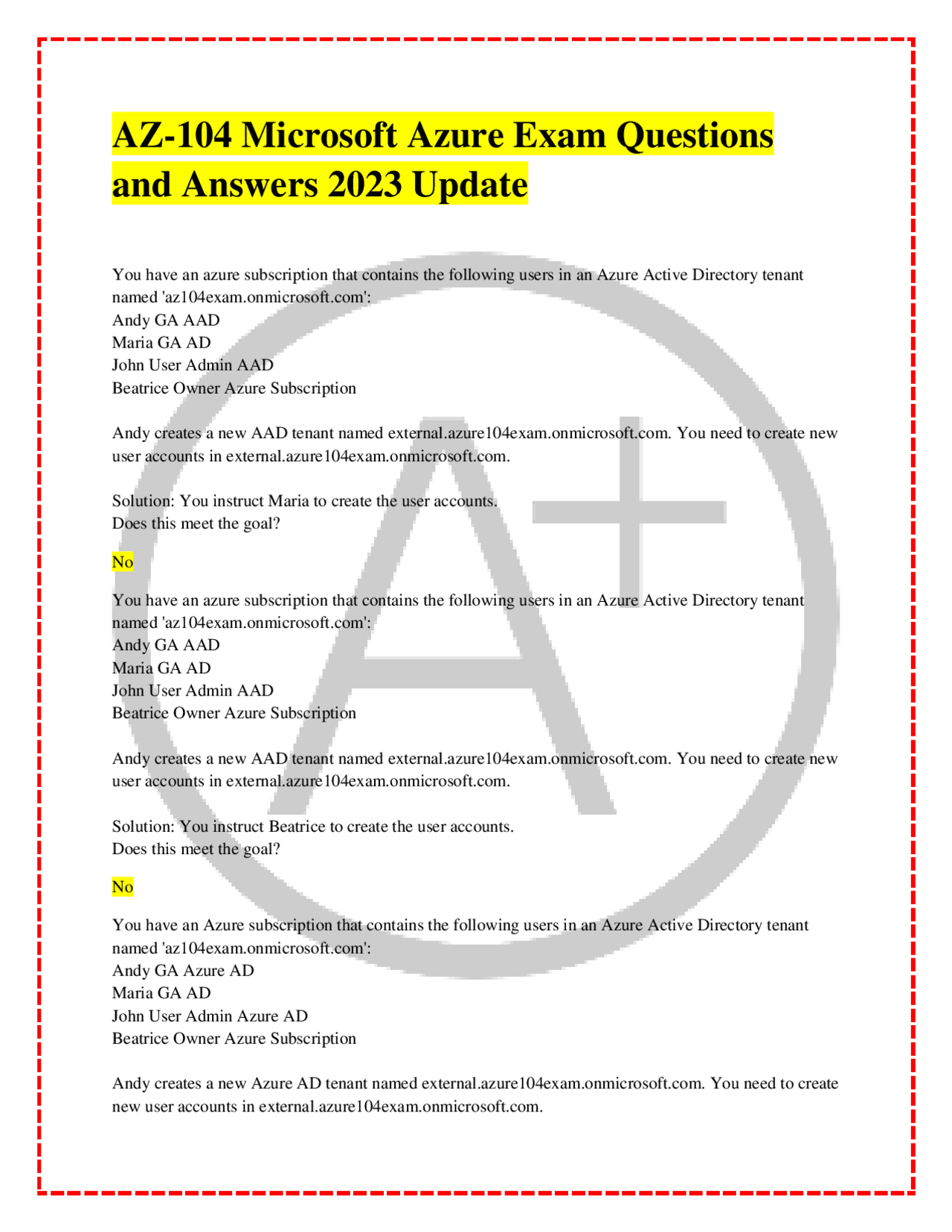 AZ-104 Microsoft Azure Exam Questions and Answers 2023 Update | Exams ...