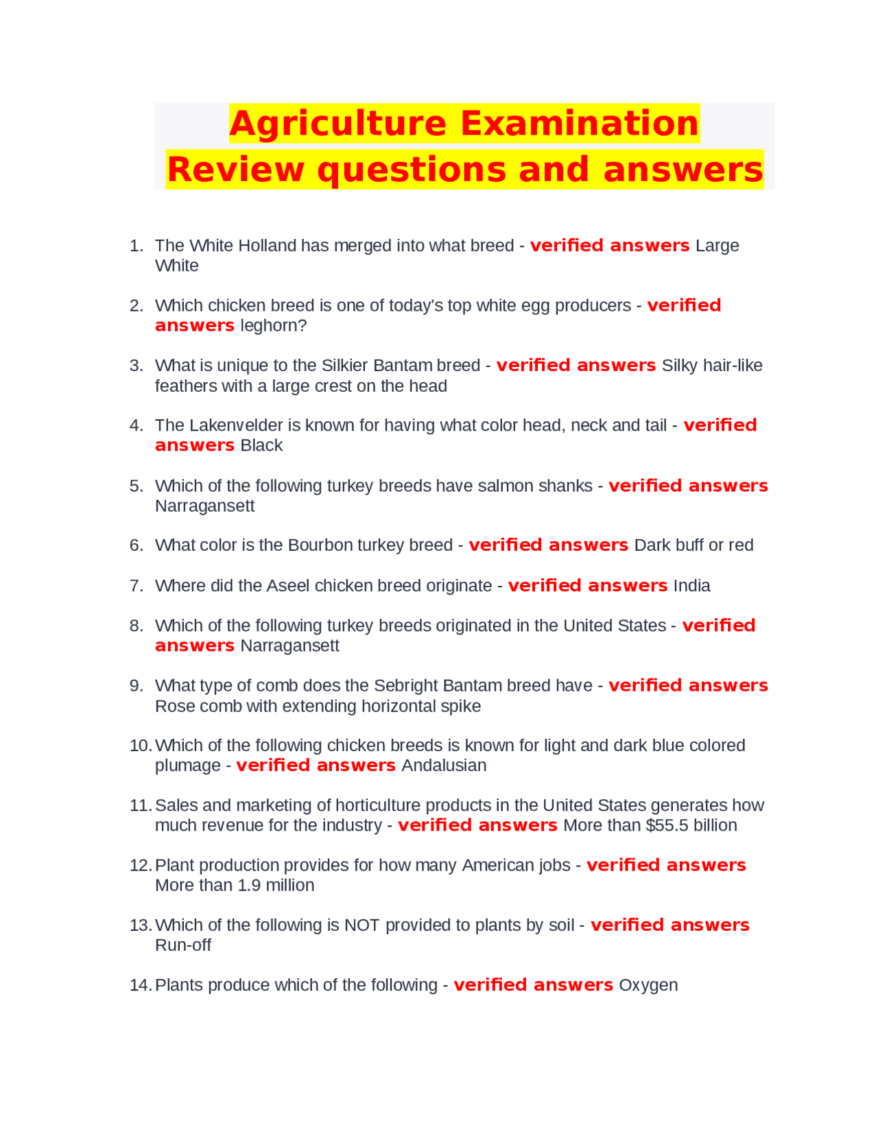 Agriculture Examination Review questions and answers | Exams ...