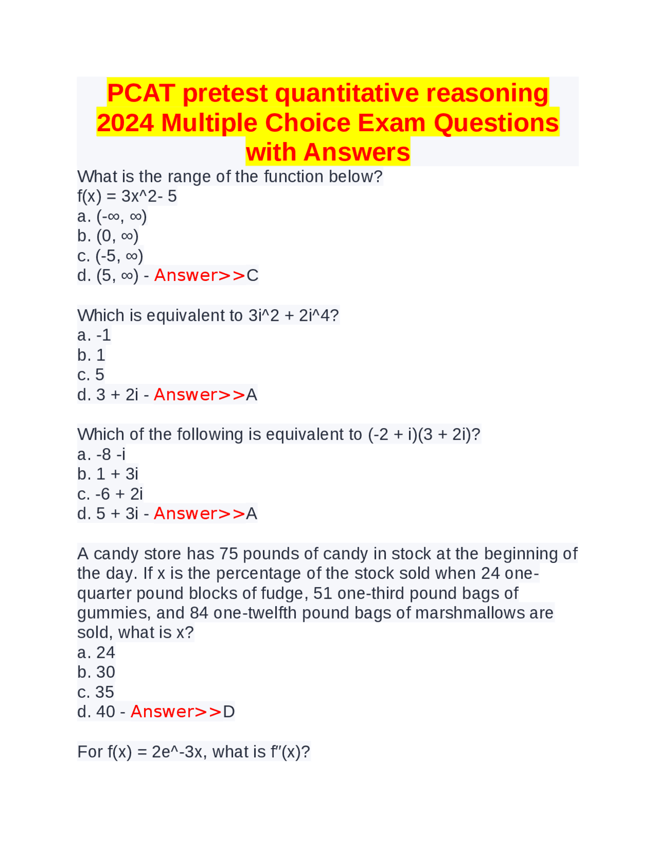 PCAT pretest quantitative reasoning 2024 Multiple Choice Exam Questions ...