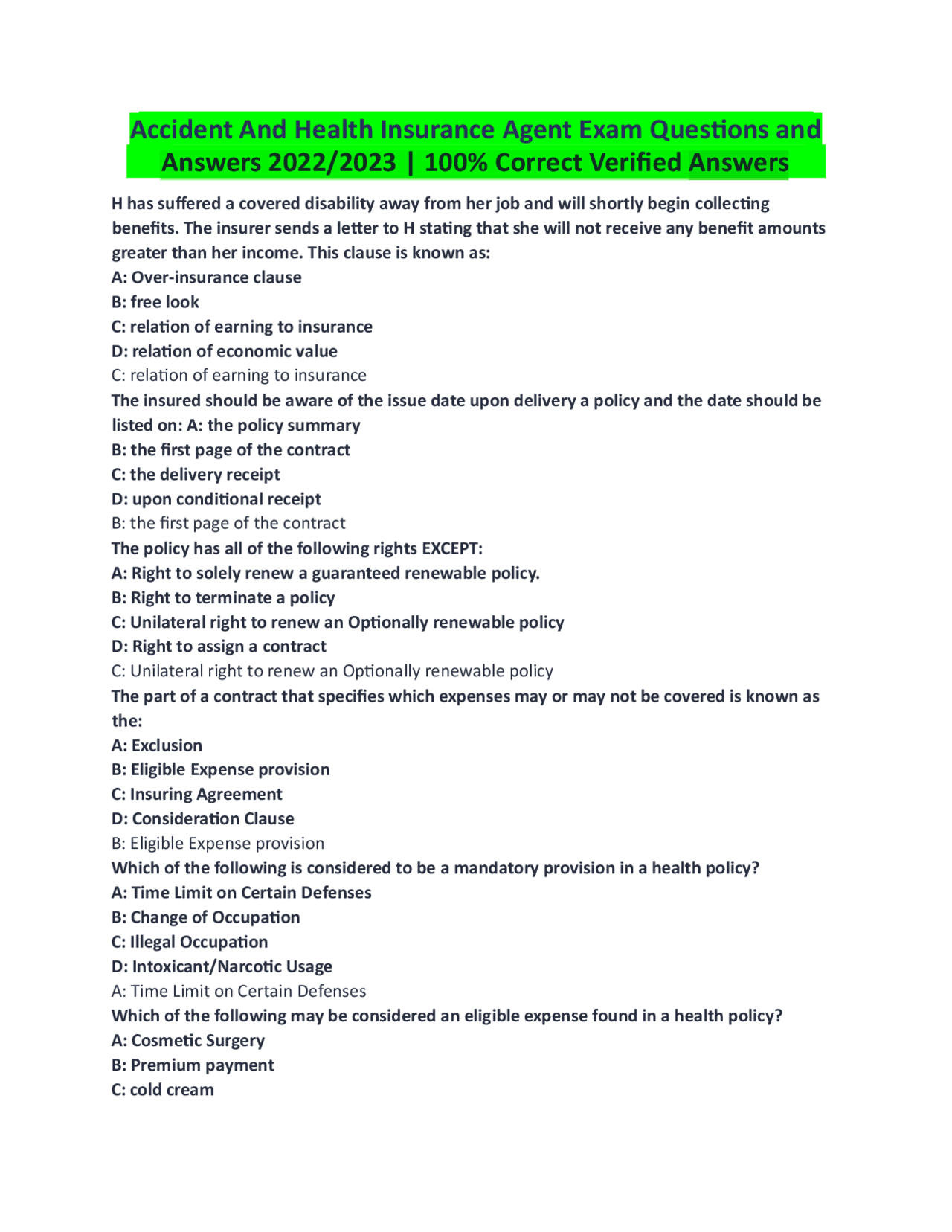 Accident And Health Insurance Agent Practice Questions and Answers 2022-2023 100 Correct | Exams ...