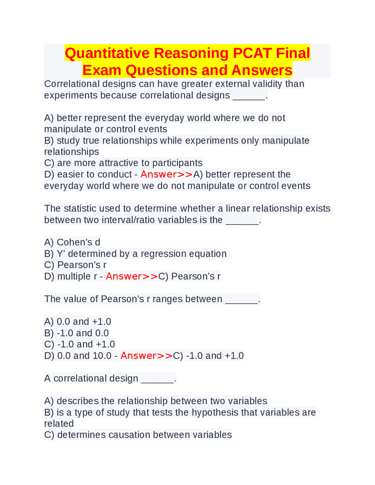 Quantitative Reasoning PCAT Final Exam Questions and Answers | Exams ...
