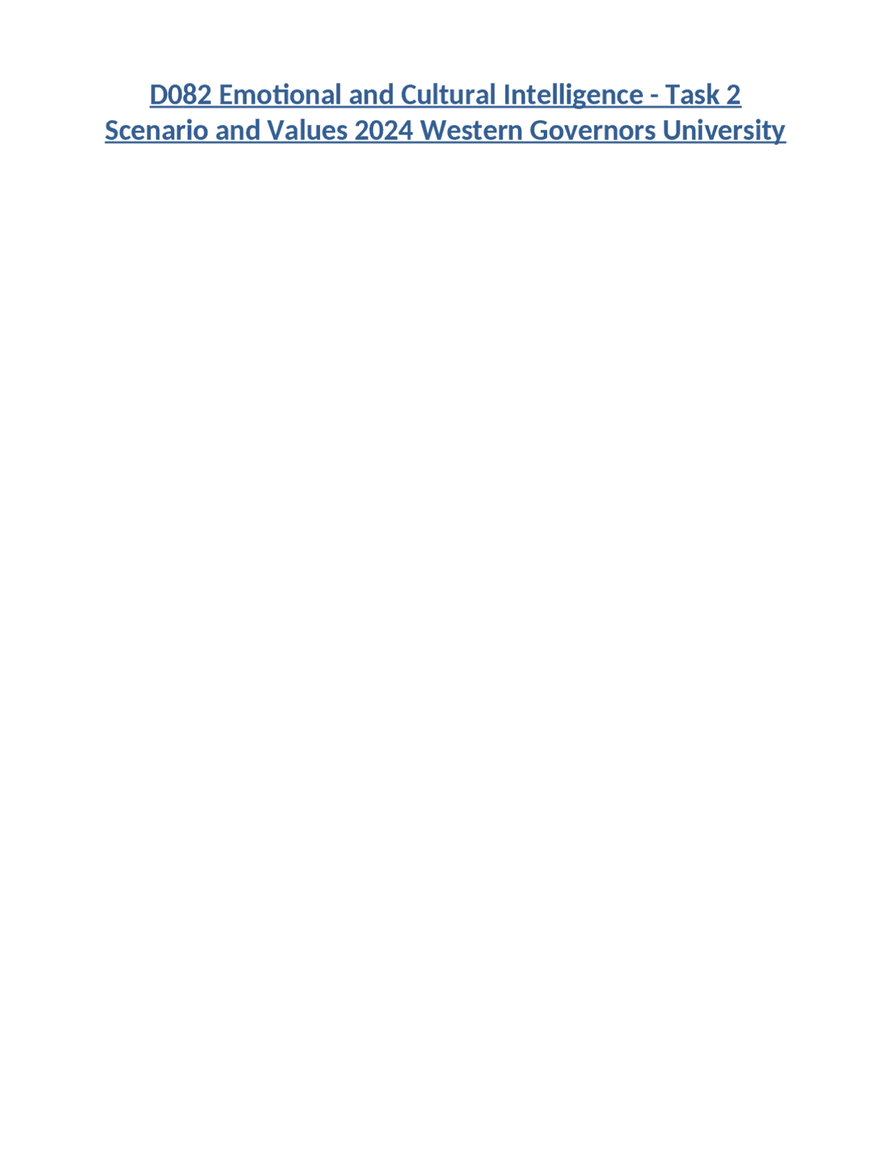 D082 Emotional and Cultural Intelligence - Task 2 Scenario and Values 2024 Western Governo ...