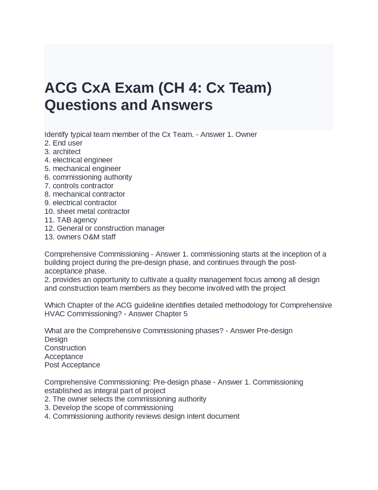 ACG CxA Exam (CH 4 Cx Team) Questions and Answers | Exams Law | Docsity