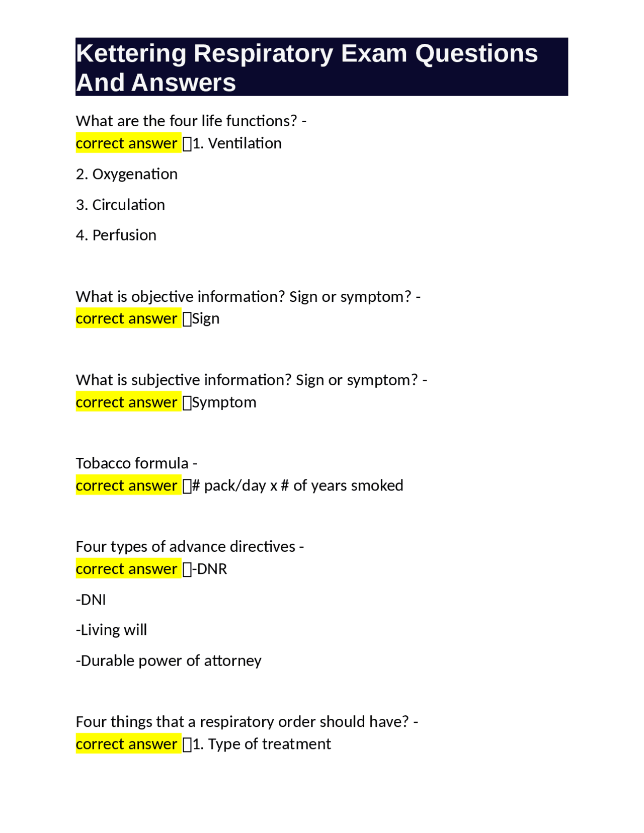 Kettering Respiratory Exam Questions And Answers | Exams Nursing | Docsity