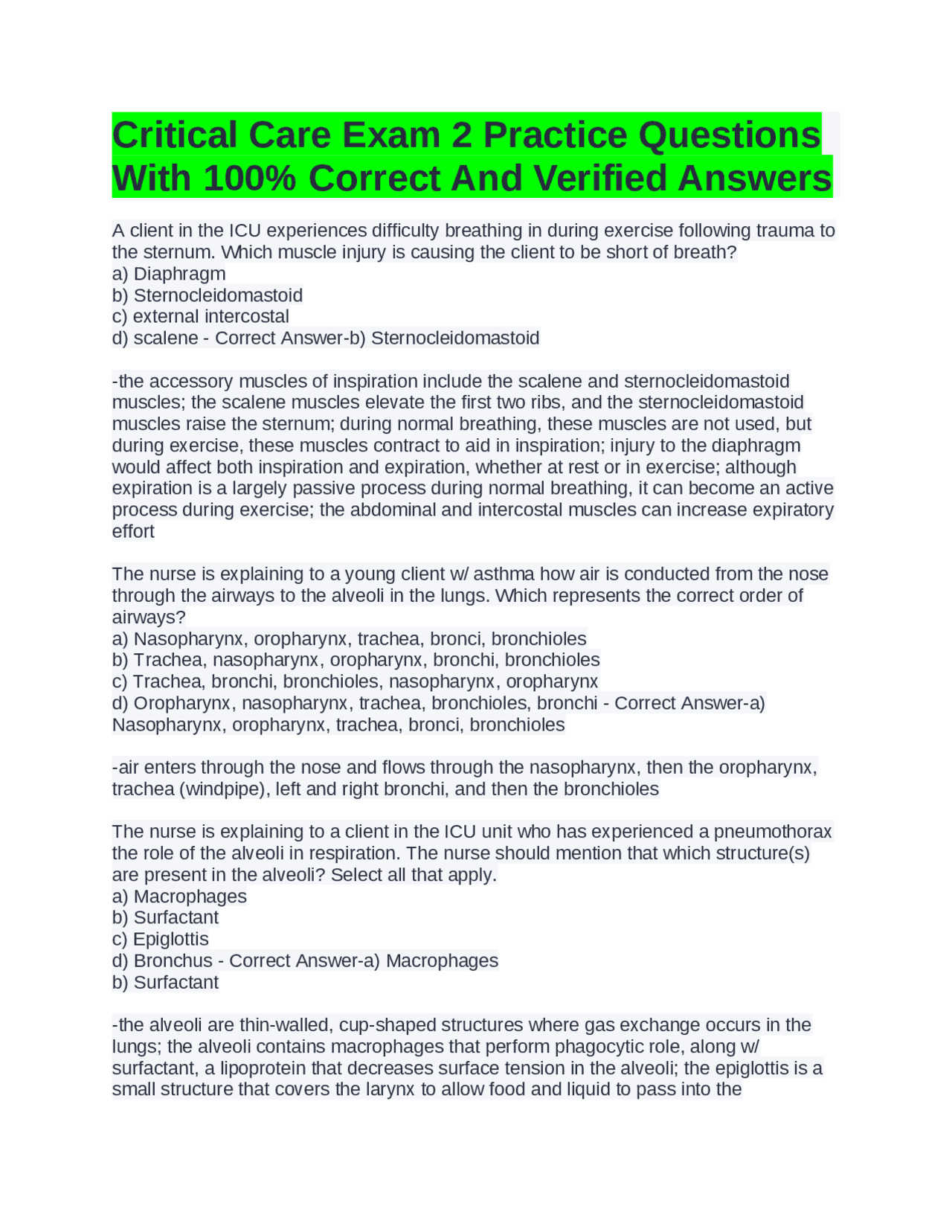 Critical Care Exam 2 Practice Questions With 100% Correct And Verified ...