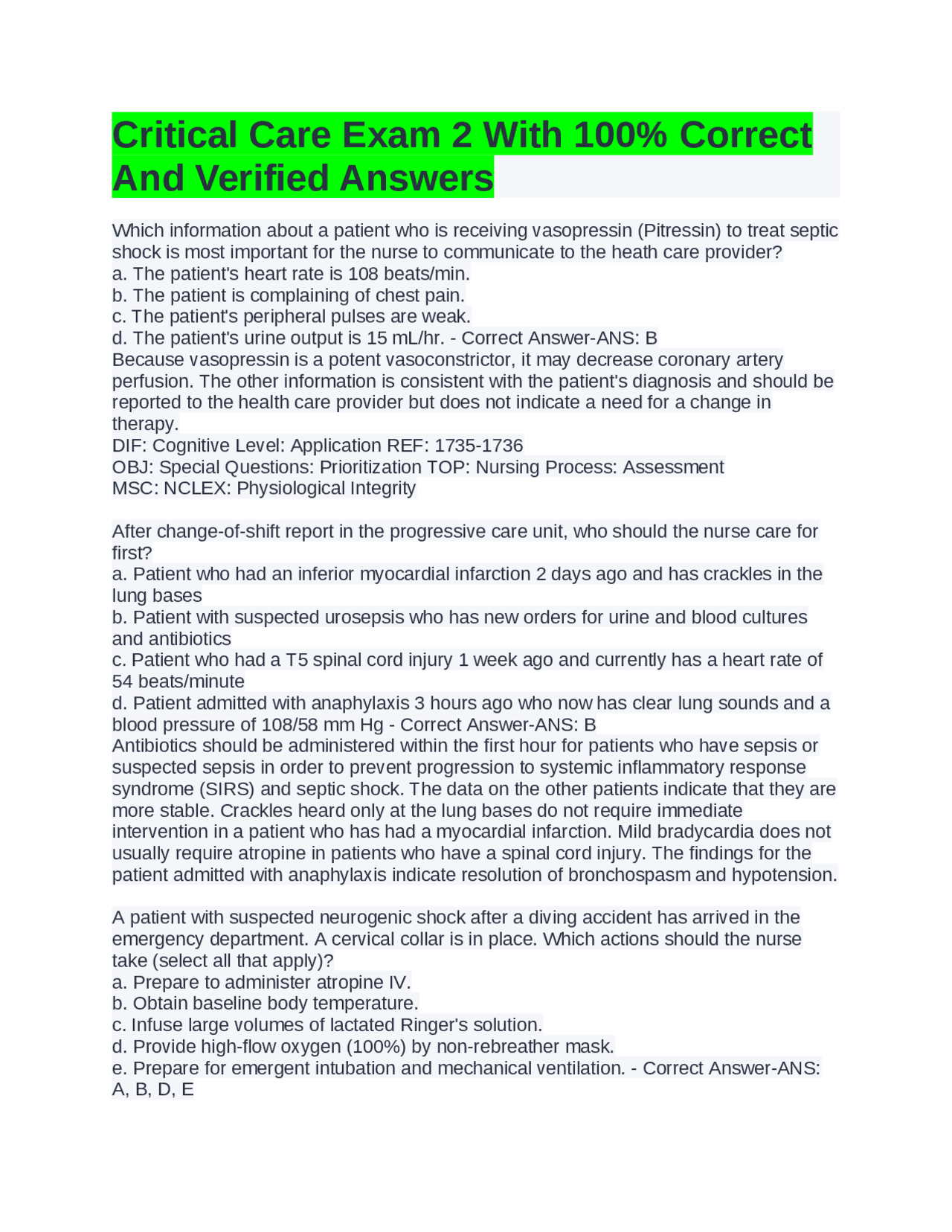 Critical Care Exam 2 With 100% Correct And Verified Answers | Exams ...