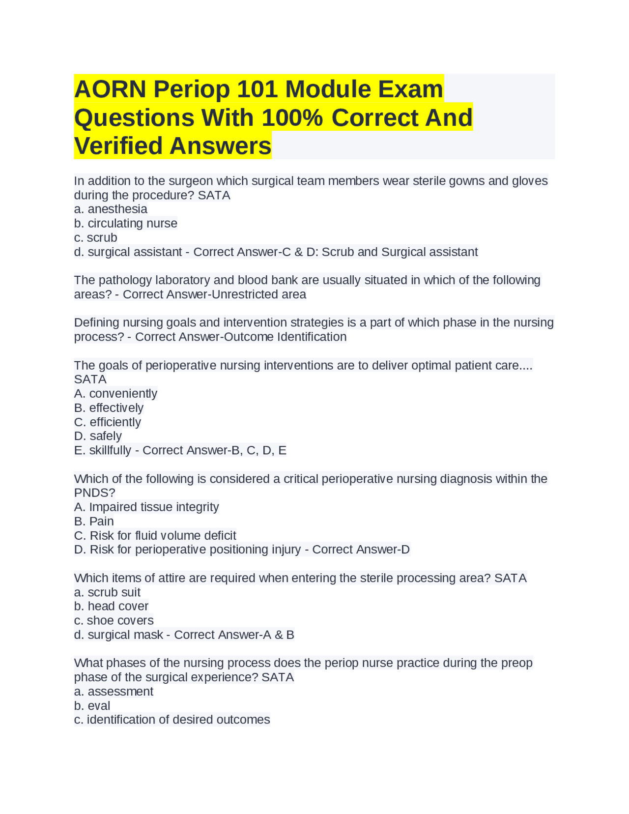 AORN Periop 101 Module Exam Questions With 100% Correct And Verified Answers | Exams Advanced ...