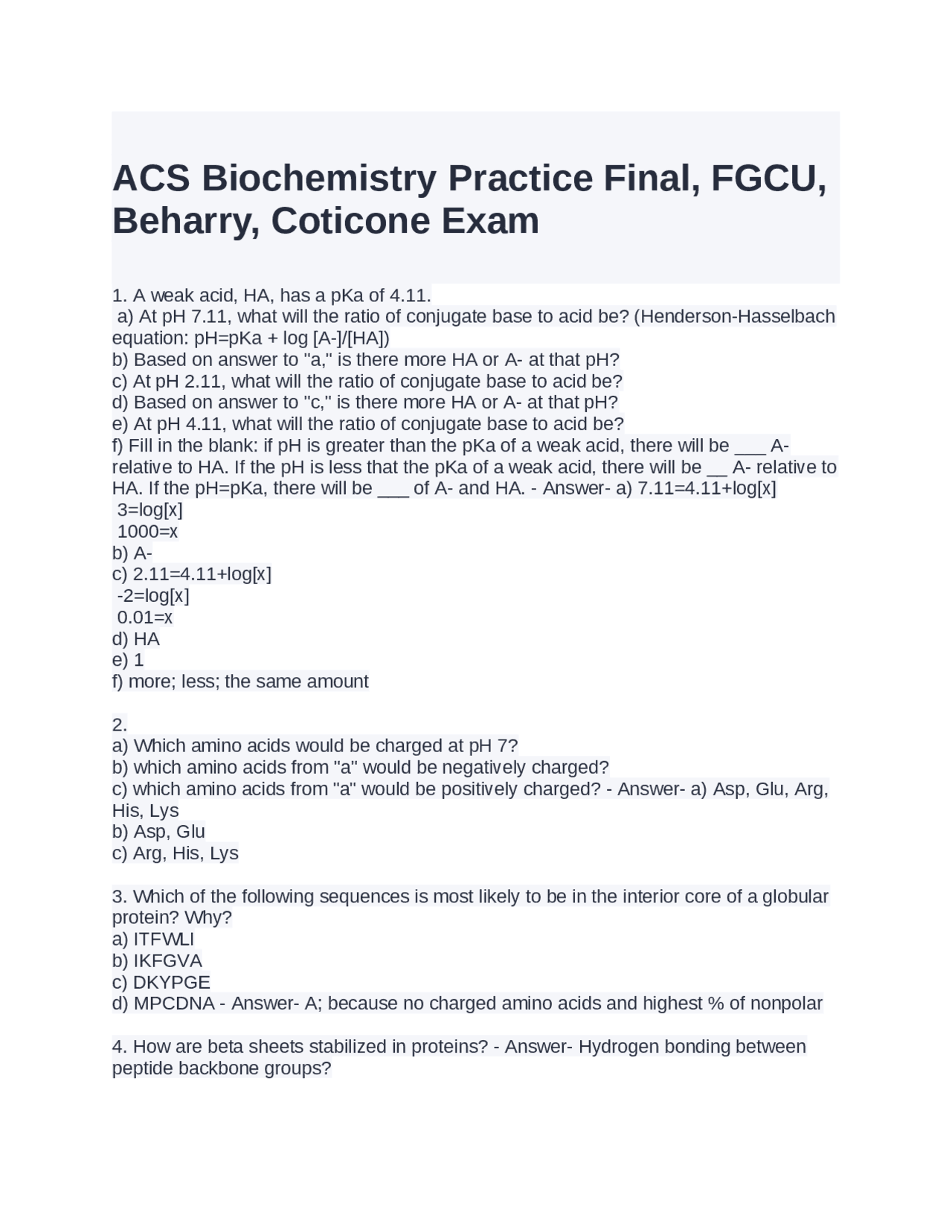 ACS Biochemistry Practice Final, FGCU, Beharry, Coticone Exam Questions ...