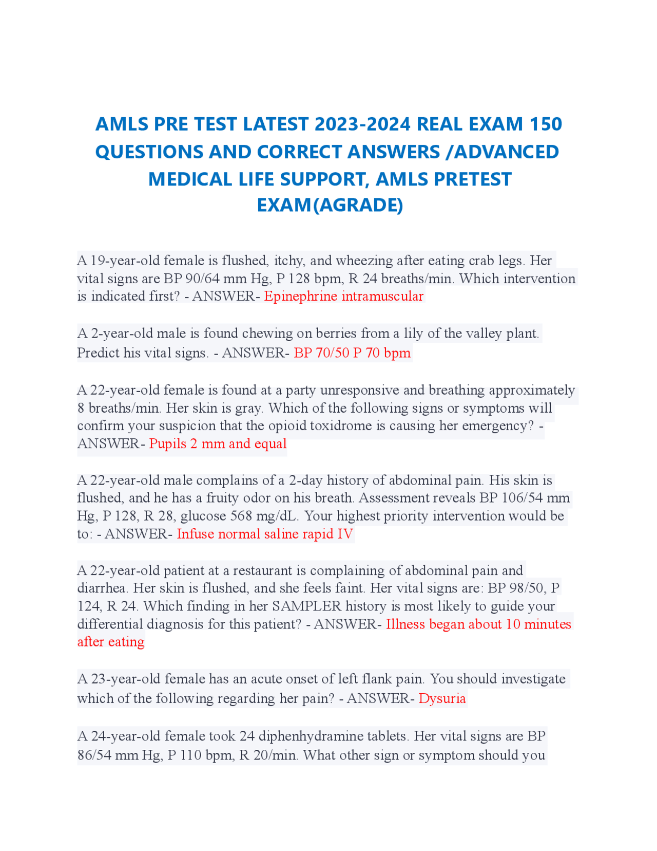 AMLS PRE TEST LATEST 2023-2024 REAL EXAM 150 QUESTIONS AND CORRECT ...