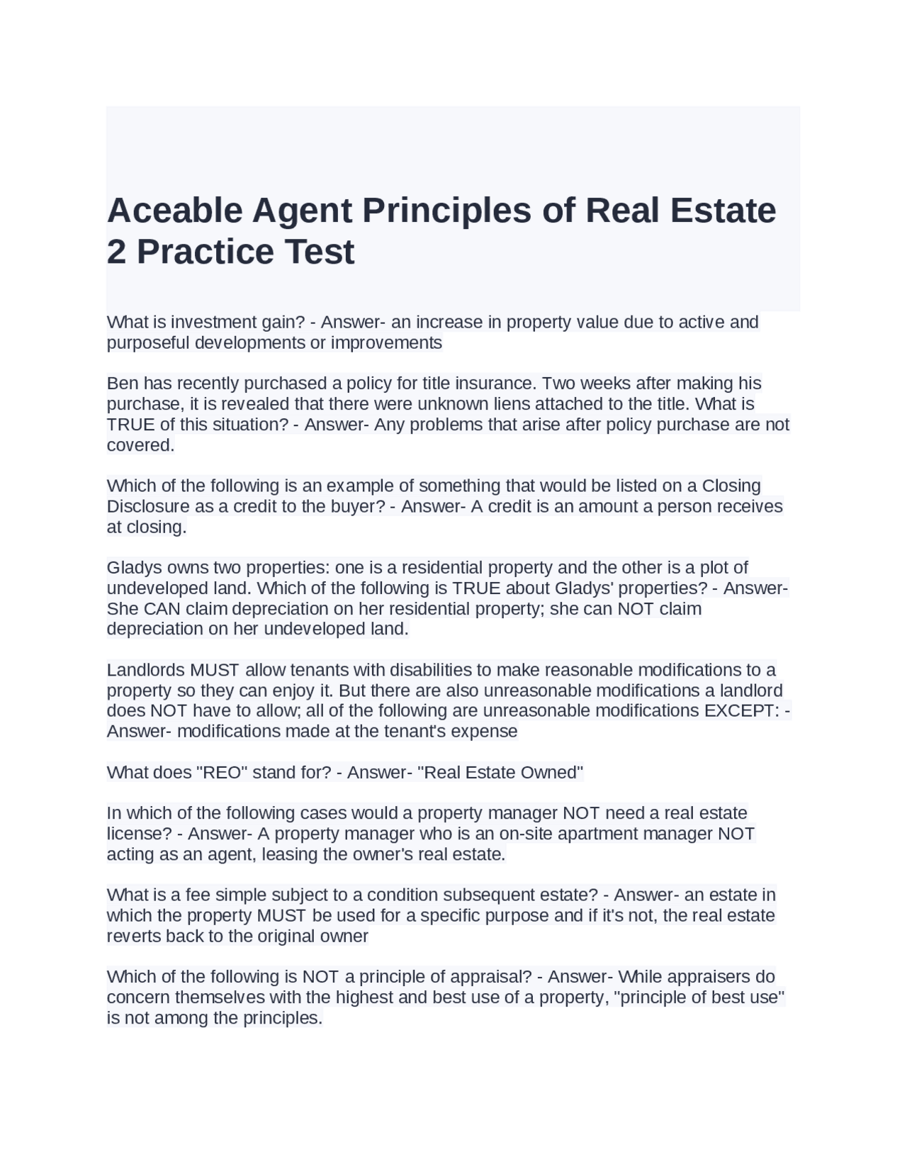 Aceable Agent Principles of Real Estate 2 Practice Test- solved | Exams ...