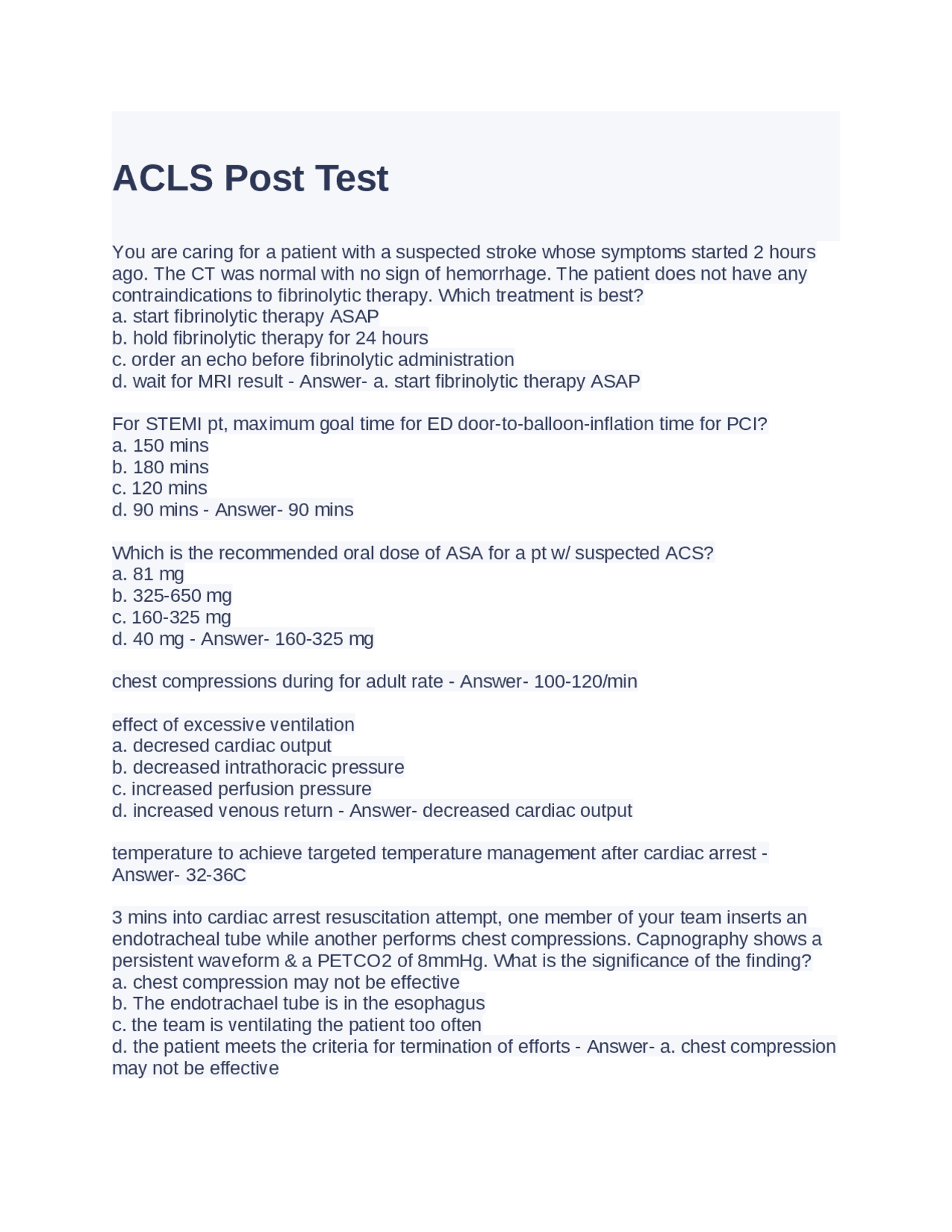 ACLS Post Test Questions and Answers | Exams Nursing | Docsity