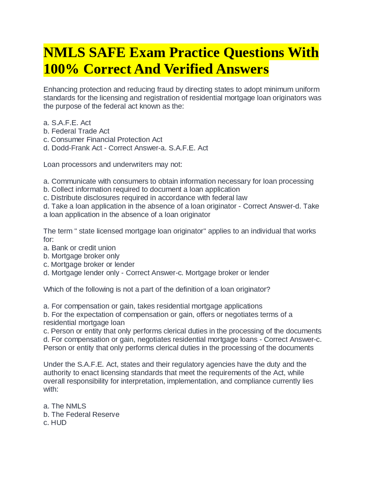 NMLS SAFE Exam Practice Questions With 100% Correct And Verified ...