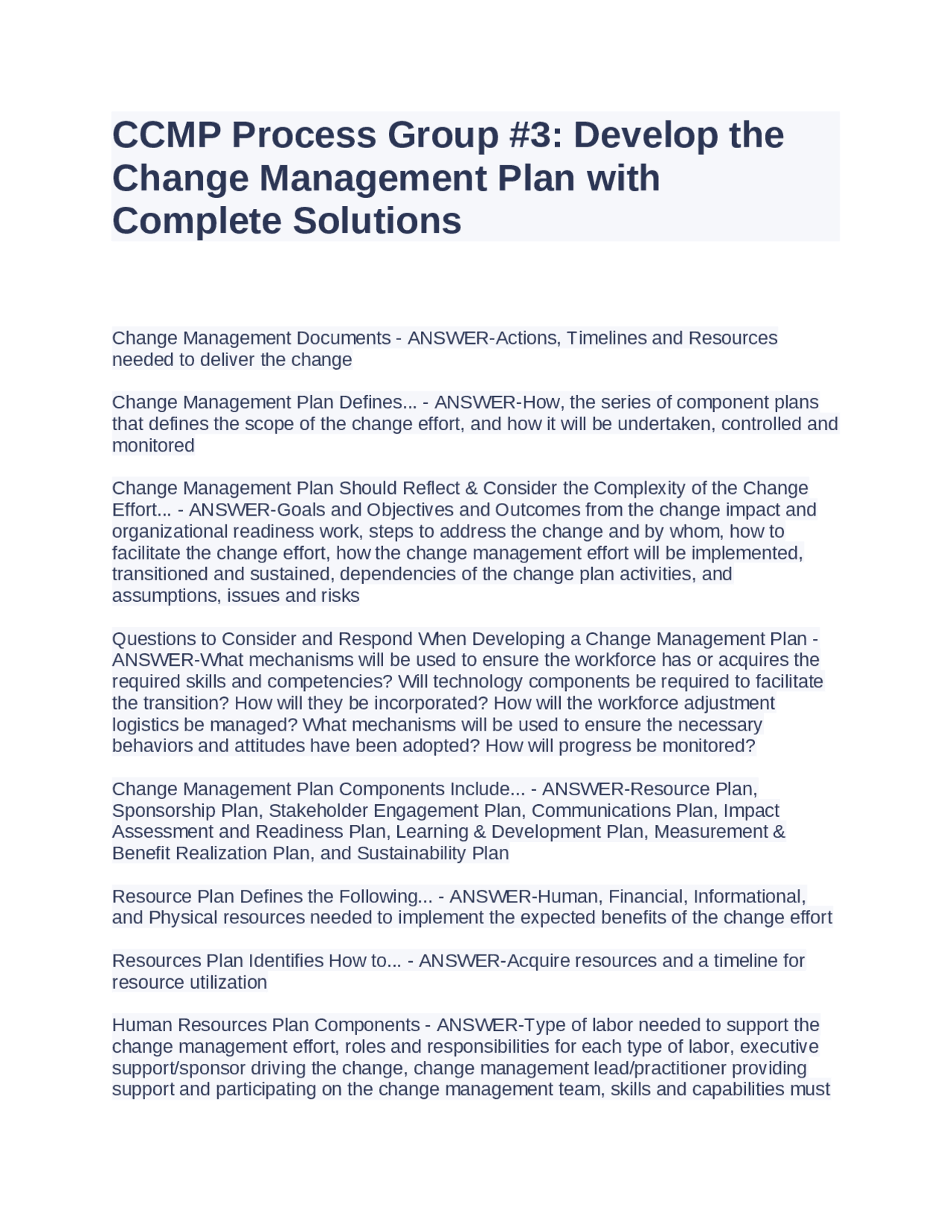 CCMP Process Group #3: Develop the Change Management Plan with Complete Solutions | Exams ...