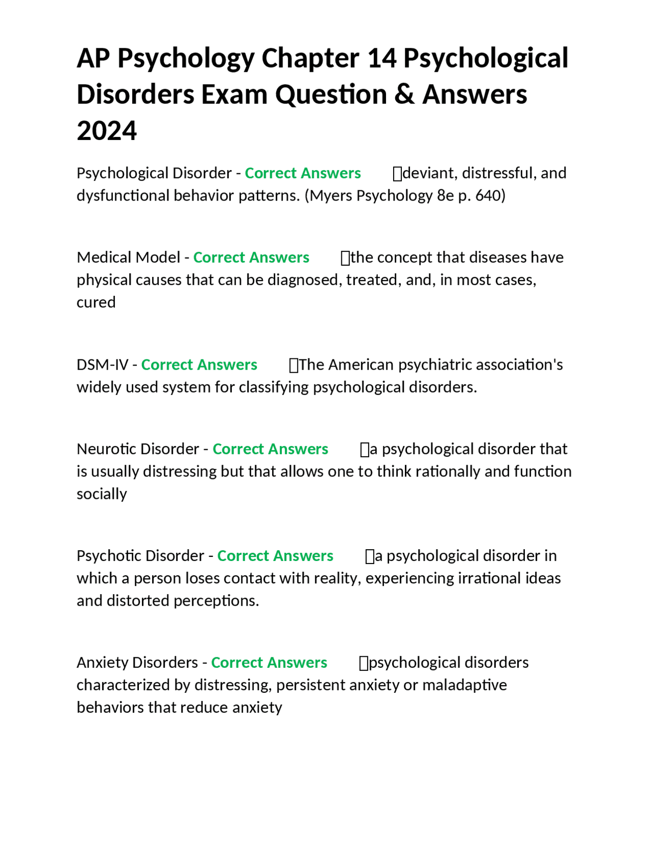 AP Psychology Chapter 14 Psychological Disorders Exam Question & Answers 2024 | Exams Nursing ...