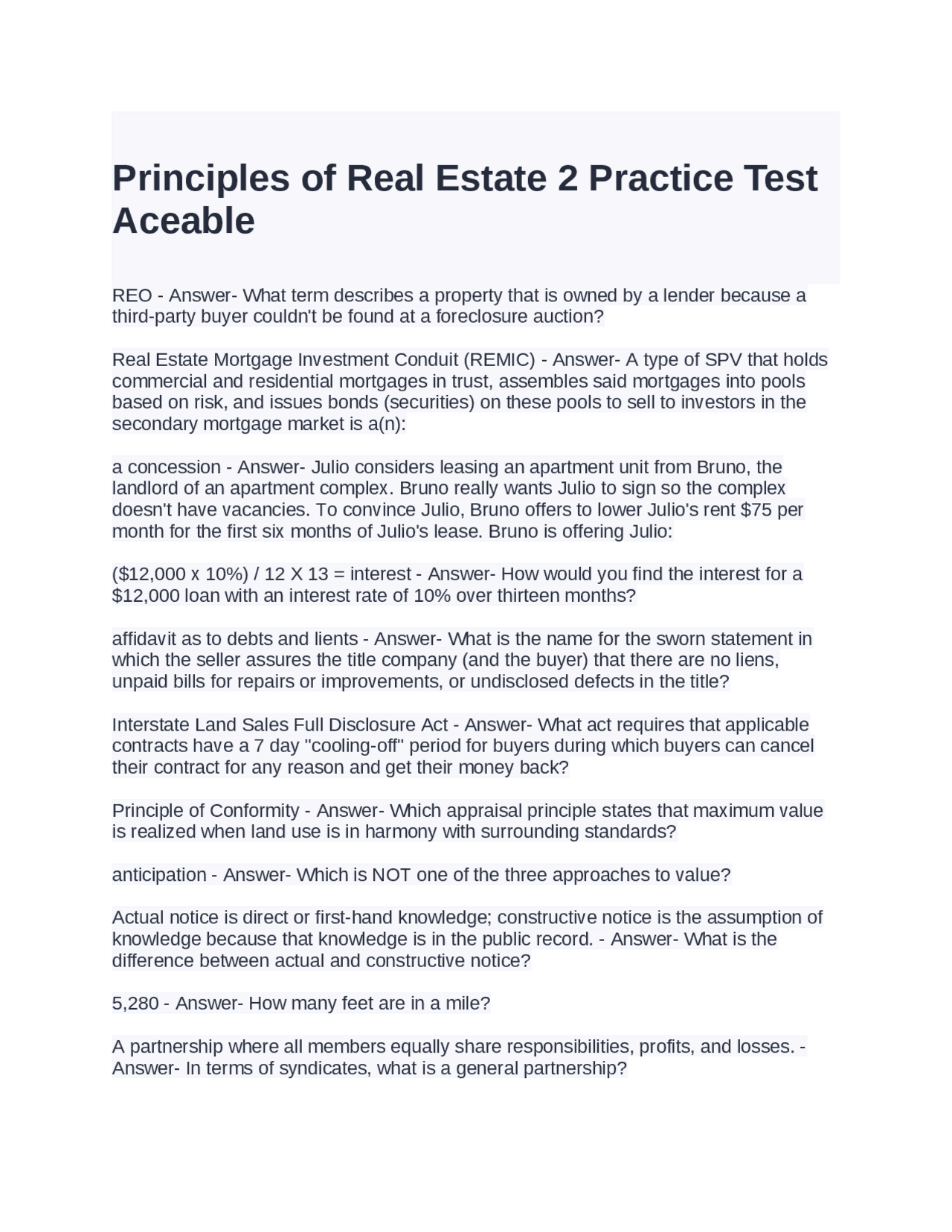 Principles of Real Estate 2 Practice Test Aceable Questions and Answers ...