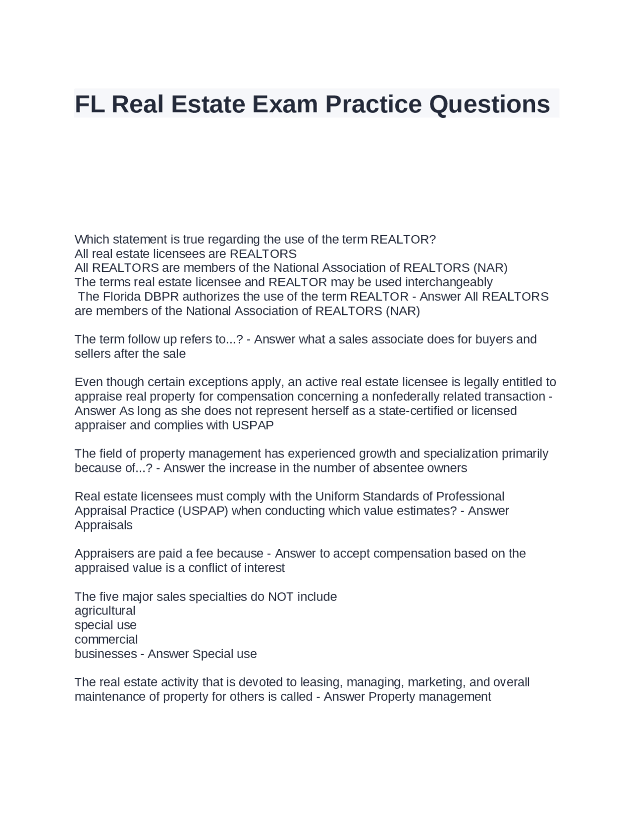 FL Real Estate Exam Practice Questions and Answers | Exams Nursing ...