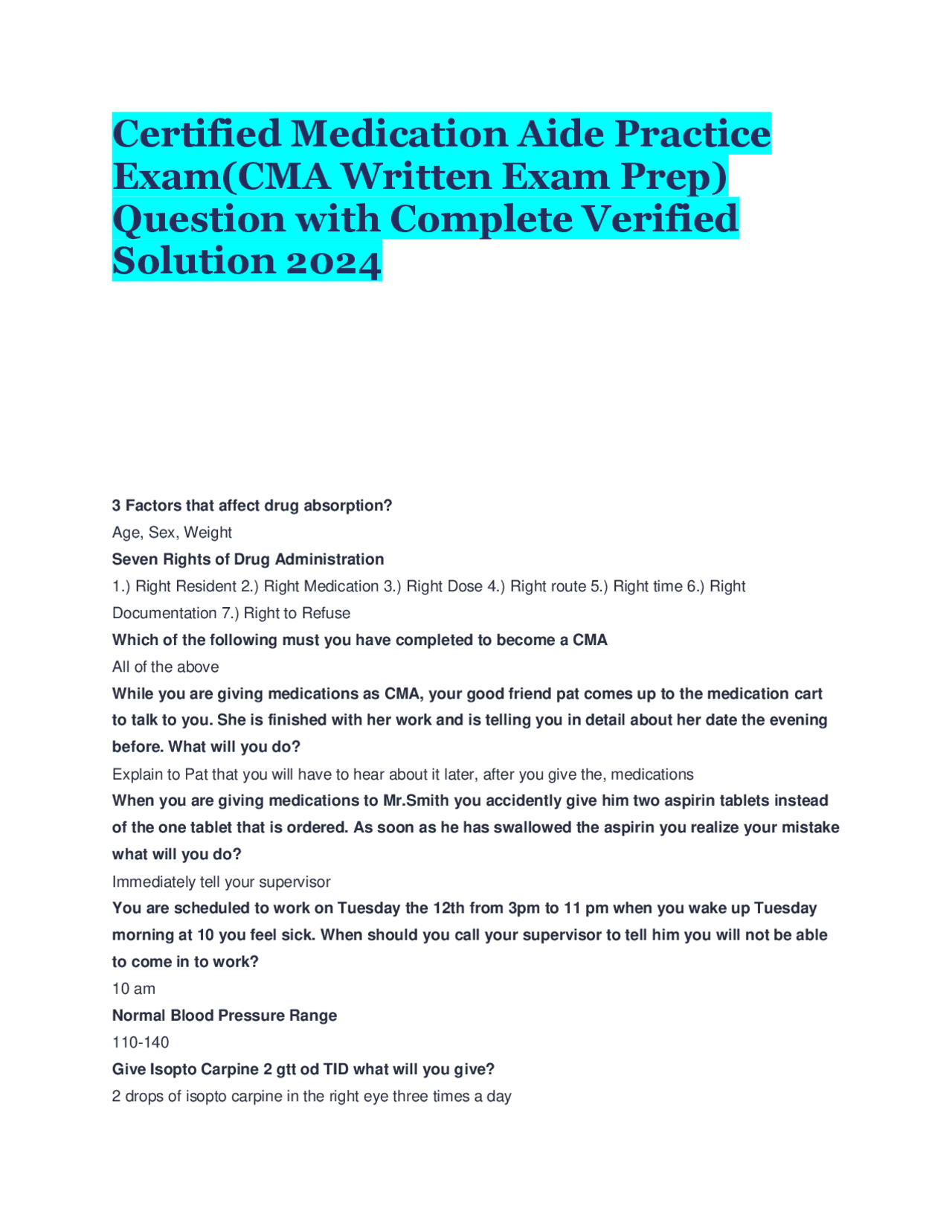 Certified Medication Aide Practice Exam(CMA Written Exam Prep) Question ...