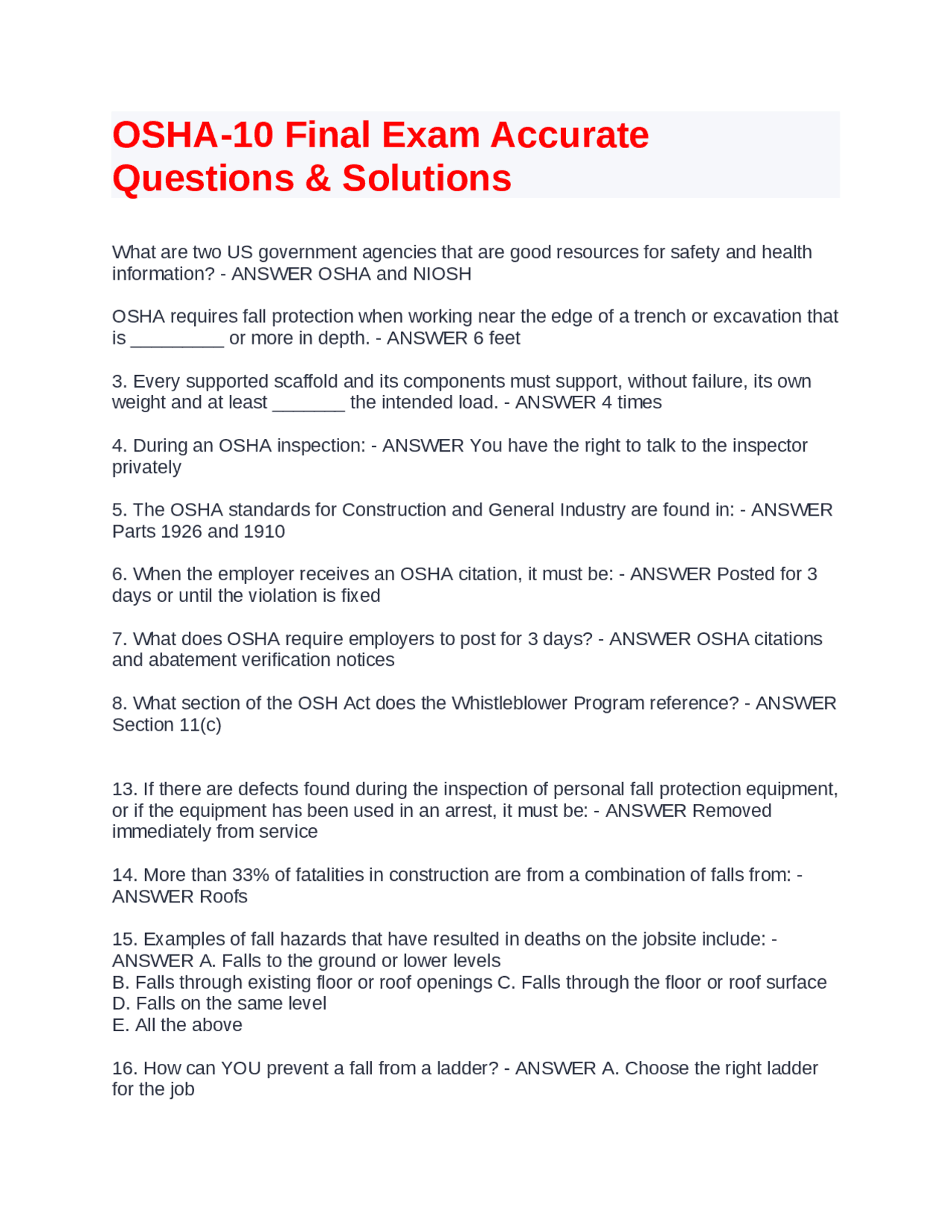 OSHA-10 Final Exam Accurate Questions & Solutions | Exams Humanities ...