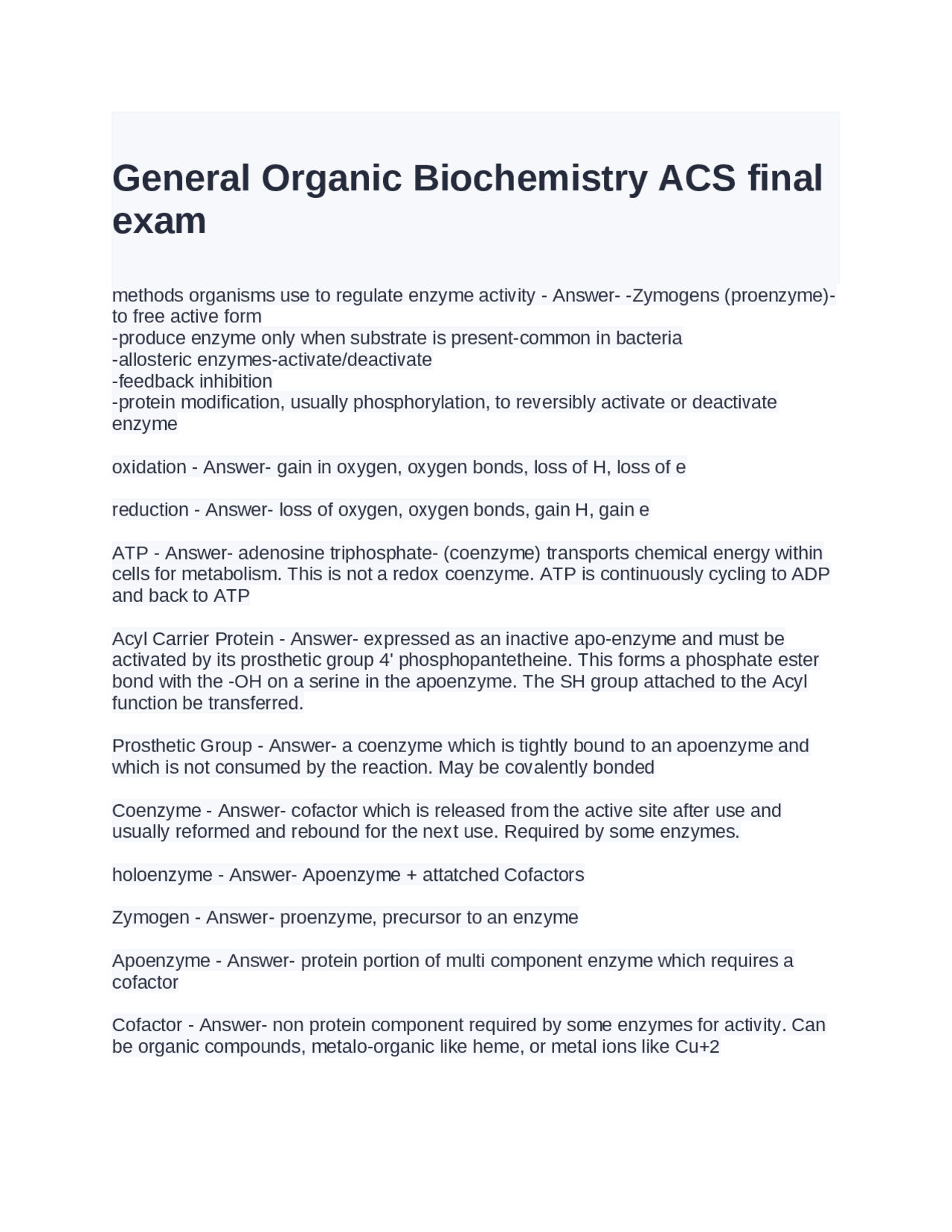 General Organic Biochemistry ACS final exam questions and answers ...