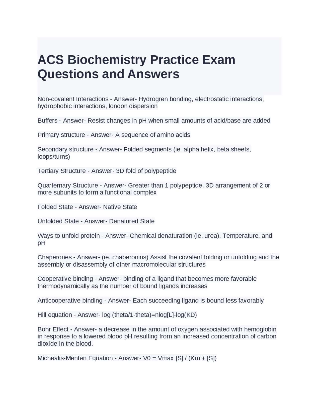 ACS Biochemistry Practice Exam Questions and Answers | Exams ...